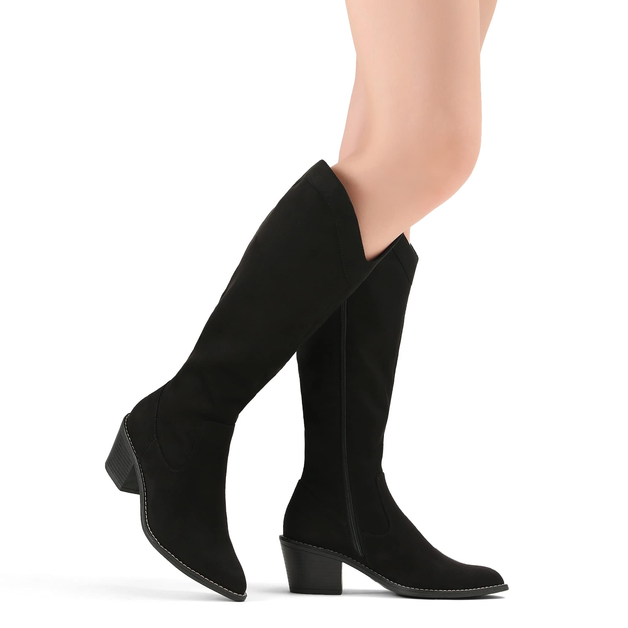 DREAM PAIRS Women's Knee High Boots, Cowgirl Riding Western Shoes with Pointed Toe, Dkb212, Black Suede, Size 9