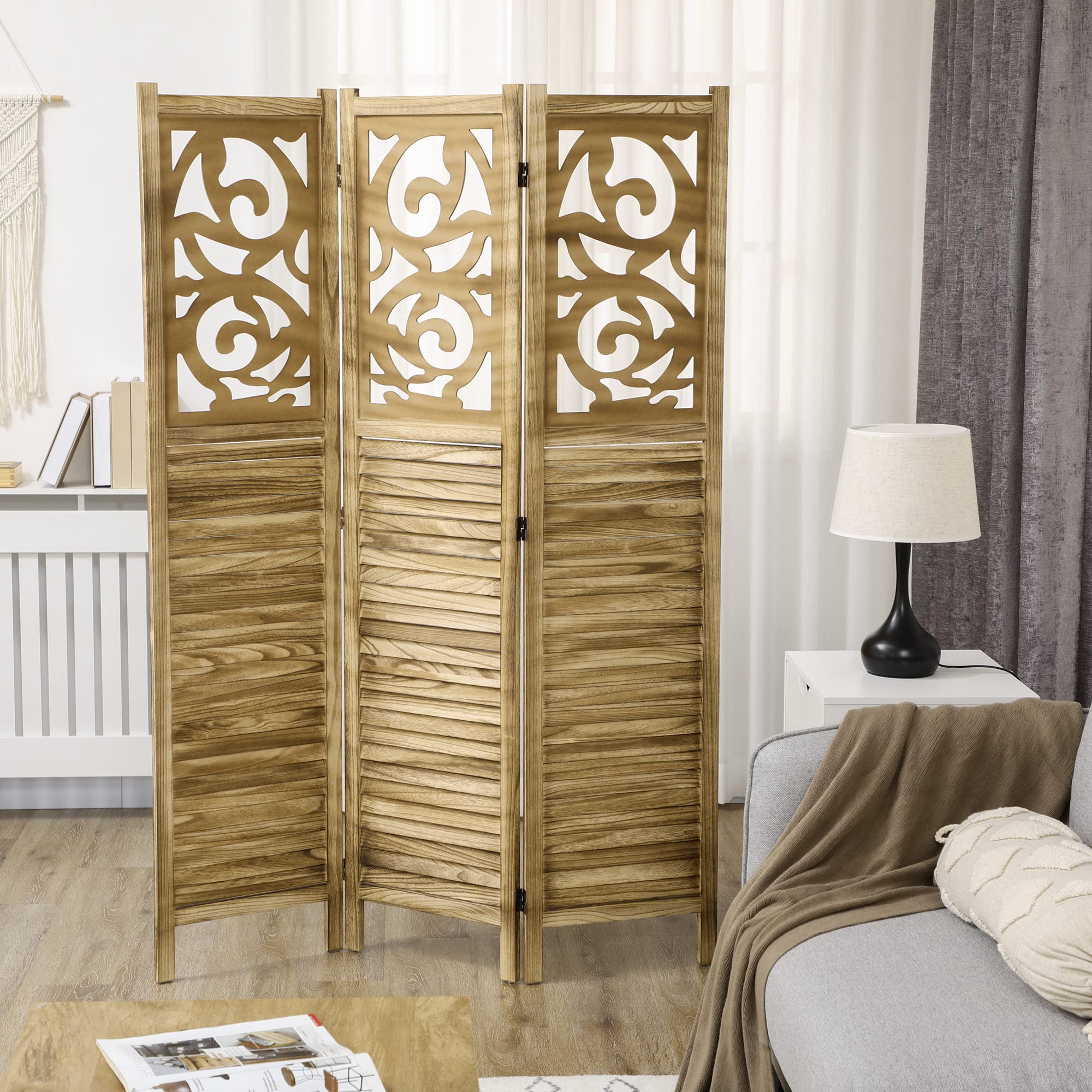 HOMCOM 3 Panel Room Divider, 5.5' Tall Wood Indoor Portable Folding Privacy Screens, Double Hinged Partition Wall Dividers for Home Office, Brown