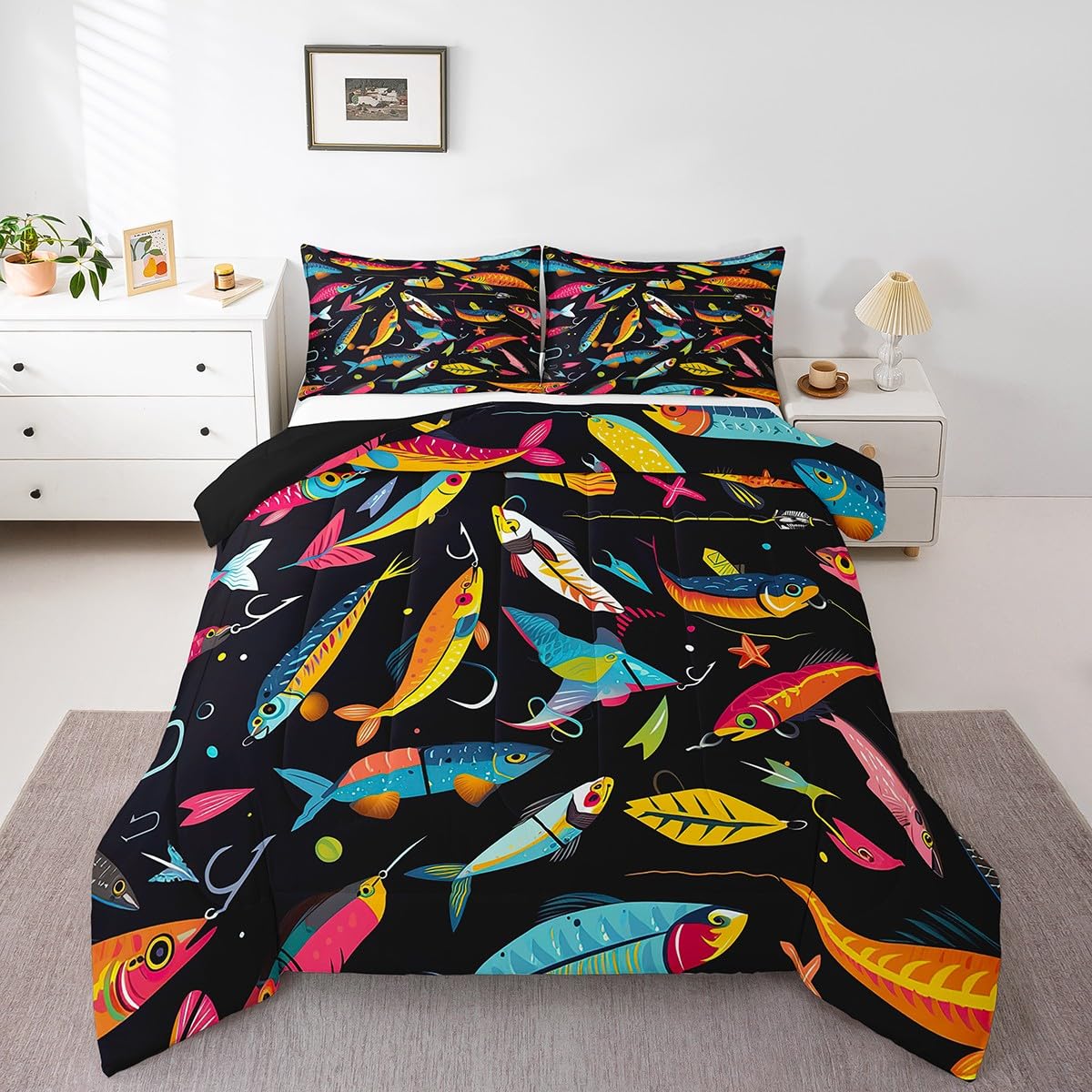 jejeloiu Kids Fish Comforter Set Ocean Fish Bedding Set Twin Size for Boys Girls Teens Bedroom Decor Fishing and Hunting Fish Hook Fishing Theme Comforter Colorful Duvet Set with 1 Pillow Case