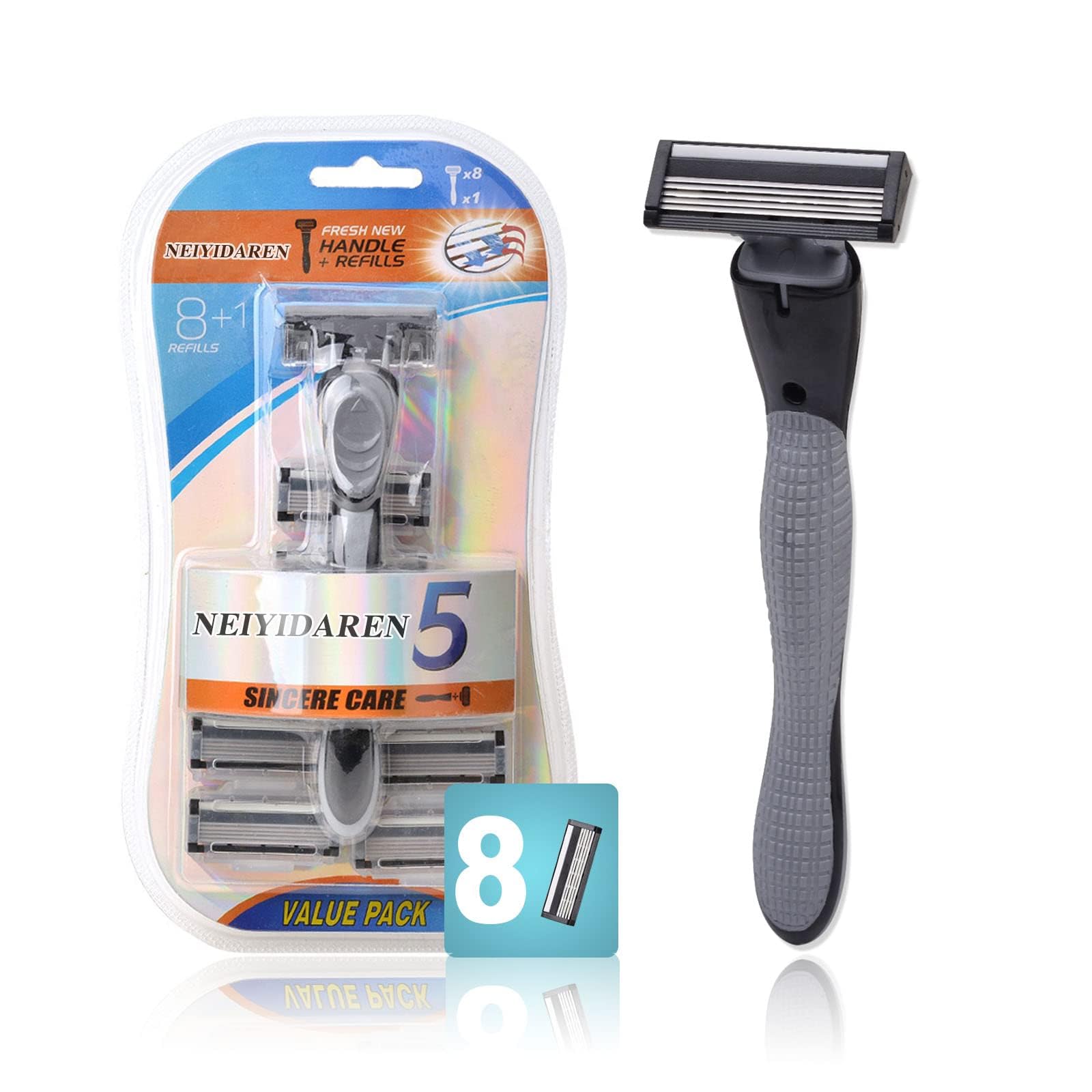 Disposable Razors for Men,5-Blade Shaving Kit for Men Designed for Sensitive Skin,Face Razors for Women includes 8 Razor Blade Refills (Black)
