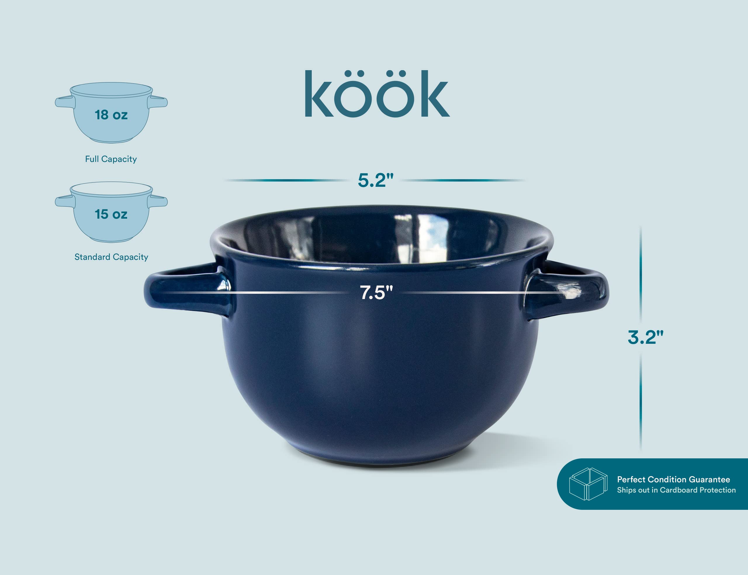 Soup Bowls, French Onion Soup Bowls, by Kook, Soup Crocks, Oven Safe Bowls, Soup Mugs, Ceramic Bowls, Dishwasher, Microwave, Set of 4, 18 oz (Blue)