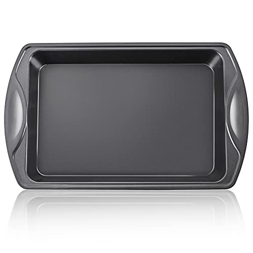 HONGBAKE 9x13 Baking Pan, Rectangle Cake Pan, Premium Small Sheet Pan for Oven with Widened Handle, Nonstick and Dishwansher Safe - Dark Grey