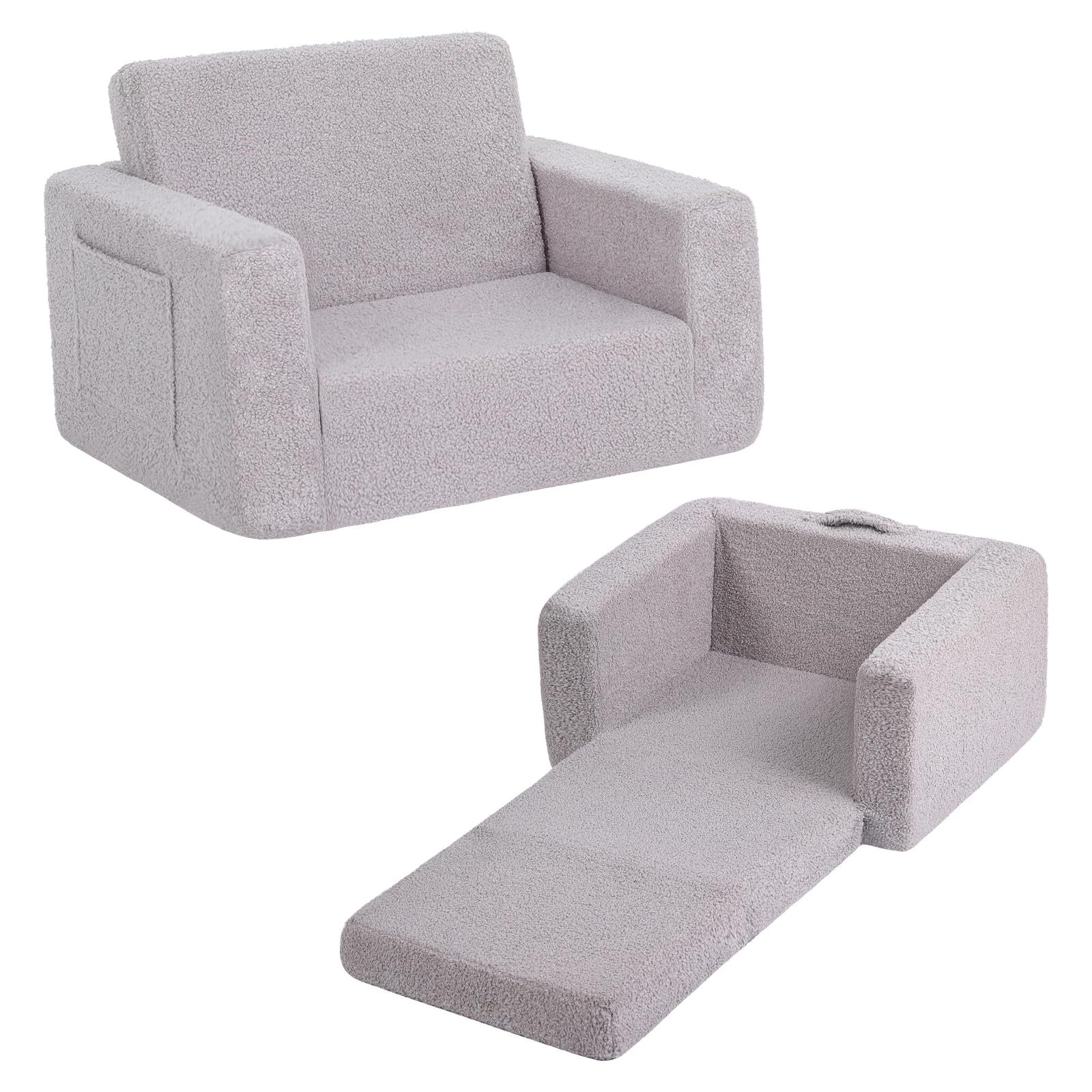 Tiita Kids Sofa, 2-in-1 Kids Sofa Chair, Convertible Children Couch to Lounger, Flip Out Kids Sofa Chair, Toddler Armrest Chair Bed, Folding Kids Play Sofa for Girl or Boy (Grey)