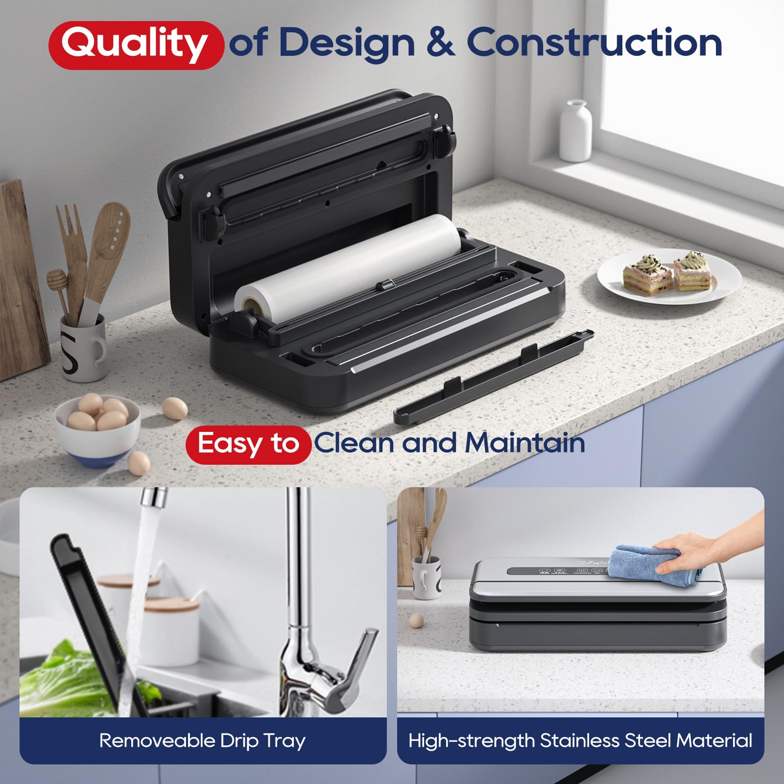 Liquid Vacuum Sealer Machine, 90Kpa Vacuum Sealer for Liquid/Dry/Moist food, Double Heat Seal, Easy-Lock Handle, Built-in Cutter and Bag Storage & Removable Drip Tray | 2 Bag Rolls
