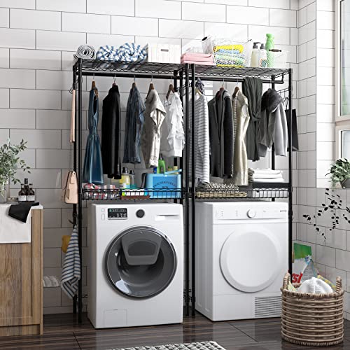 Xiofio Over The Washer and Dryer Storage Shelf 2 Tier Adjustable Height Wire Basket and Side Hook Laundry Shelves Used for Bathroom Bedroom Balcony Drying Rack Towel Rack Handbag Rack ,Black