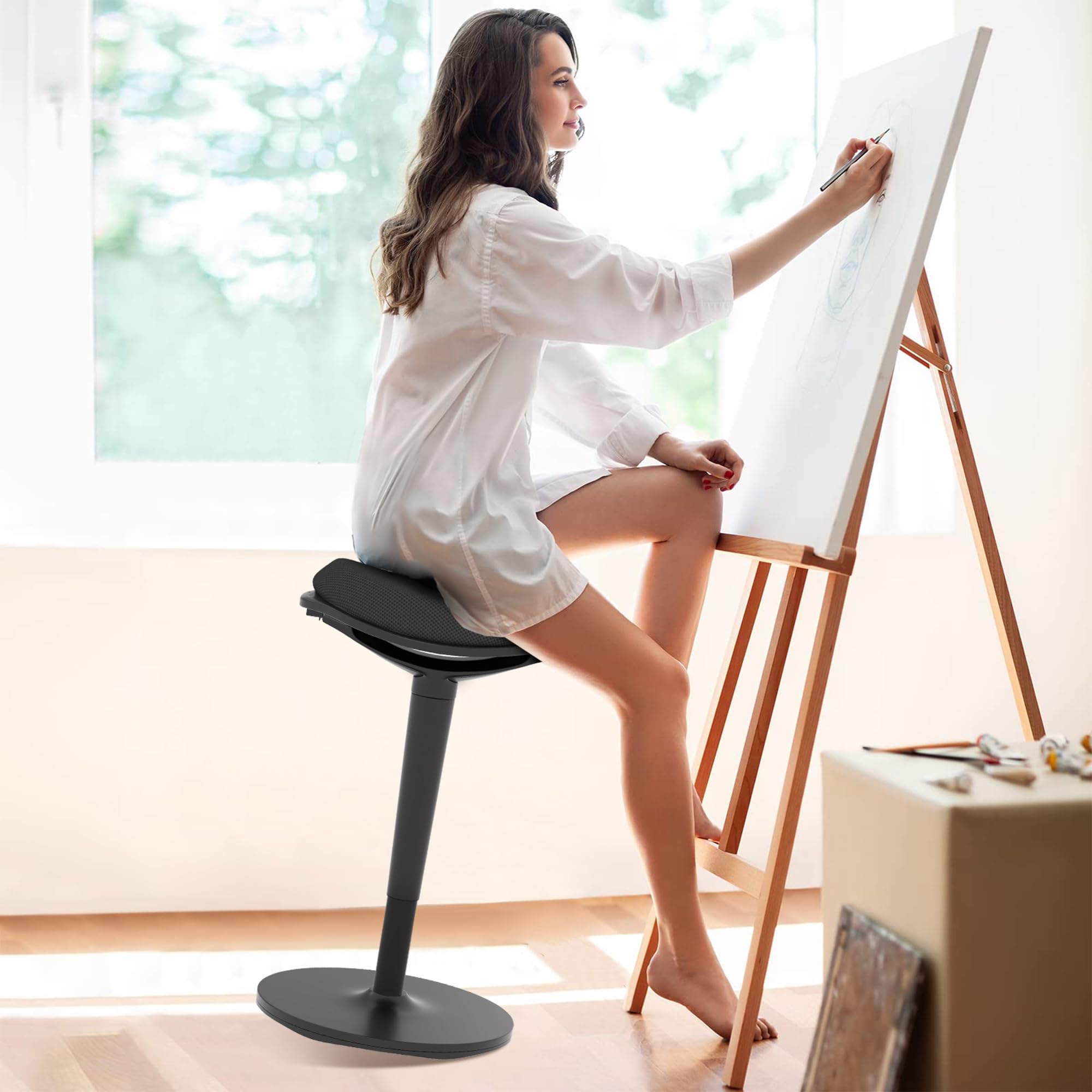 HOMCOM Standing Desk Chair, Ergonomic Backless Wobble Stool, Height Adjustable Tall Office Chair 22.2-28.1 Inches, Active Learning Stool for Office Desks, with Rocking Motion, Padded, Black