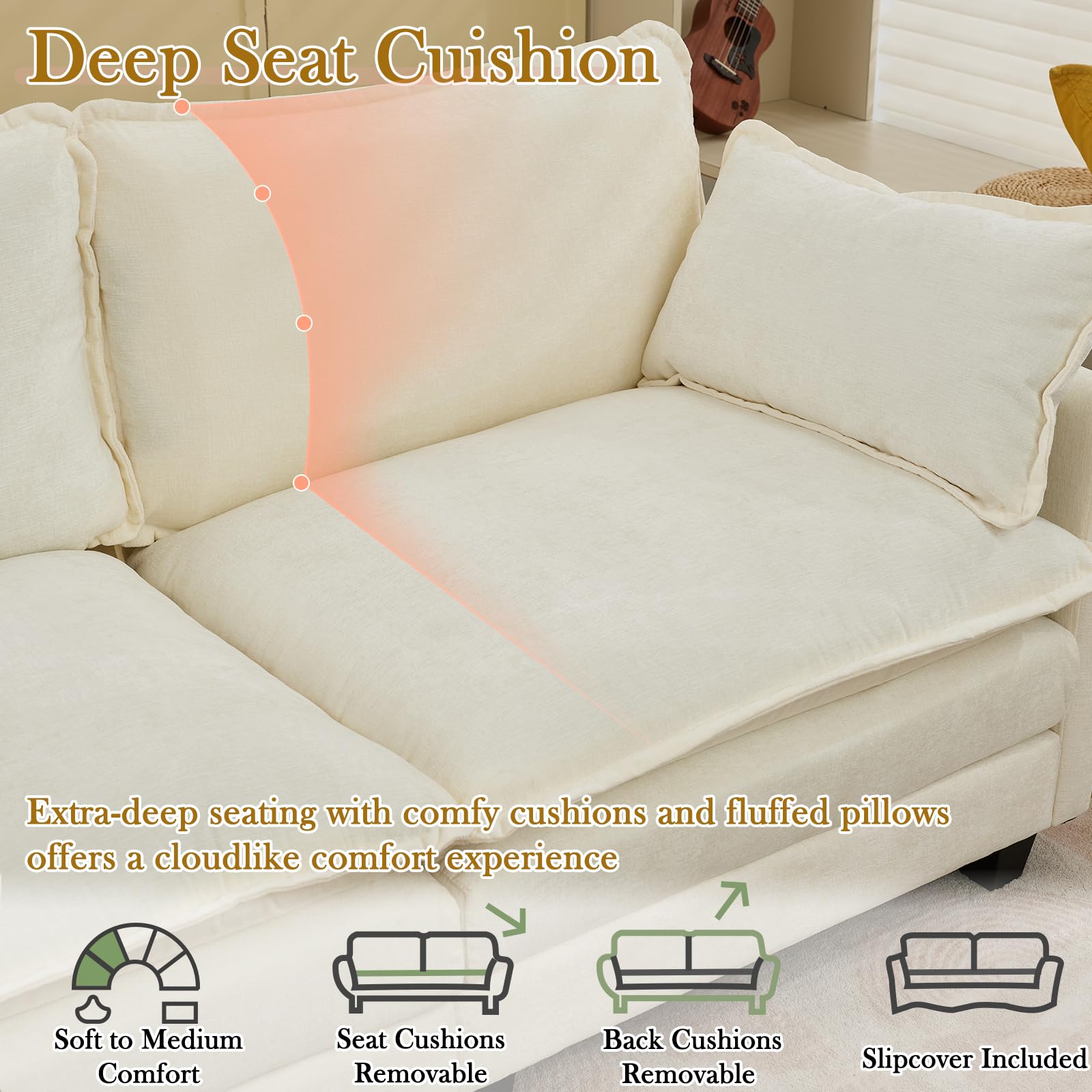 Sectional Couches for Living Room | Comfy Cloud Couch Modern Chenille L-Shaped 115โ Cream Modular Sectional Sofa with Moveable Ottoman & Pillows | Extra Deep Seat Sofa (White Couch, 3-Seat Upgrade)