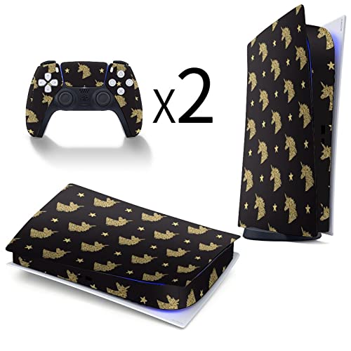 Golden Magical Unicorn Head Full Protective Skin Cover Design Wrap Decal Sticker Compatible with PS5 Digital Edition Console and Controller