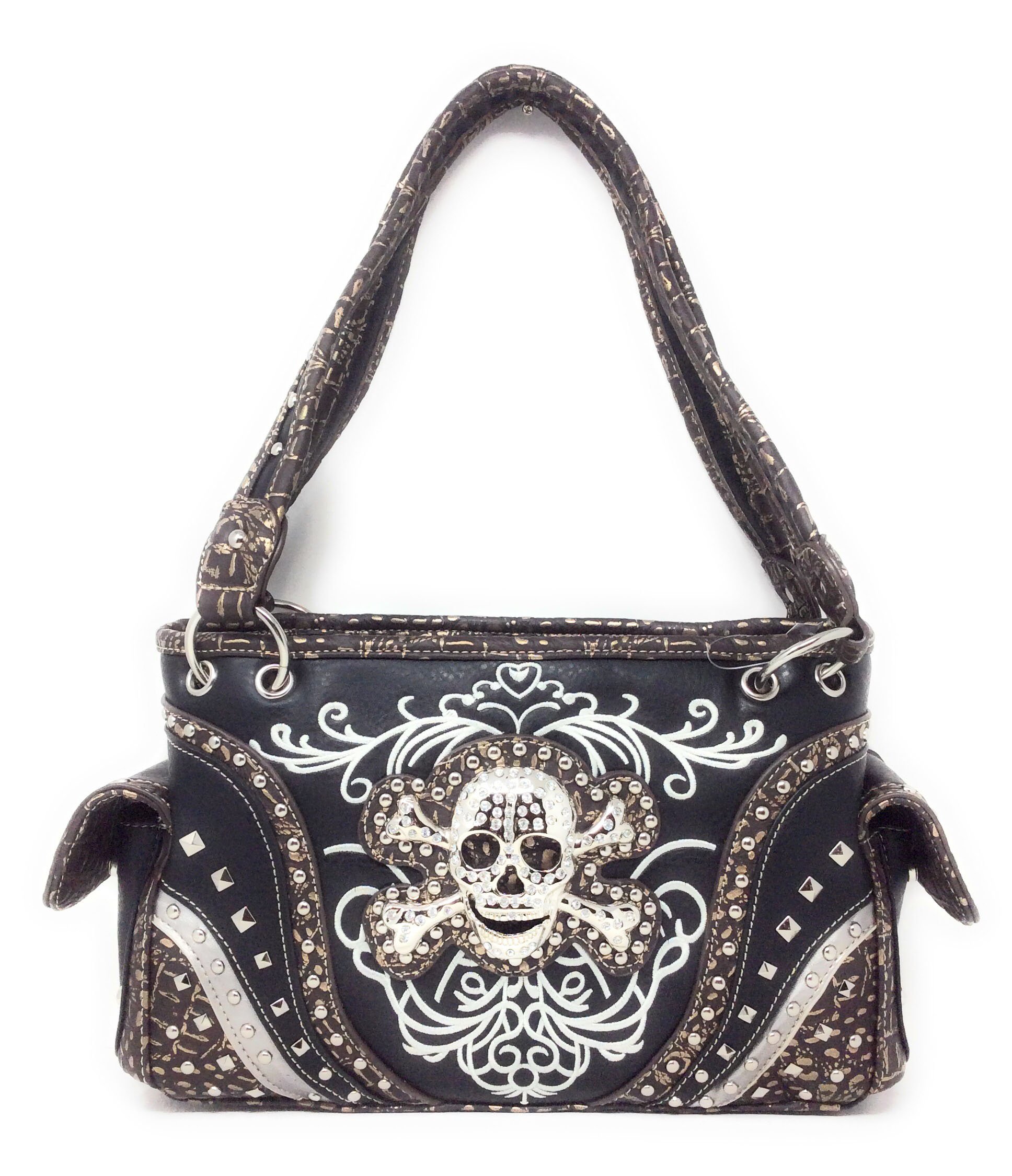 Texas West Rhinestone Embroidered Metal Skull Leather Womens Concealed Carry Handbag With Matching Wallet 6 colors (Black)