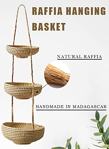 Serene Spaces Living Hanging Raffia Baskets for Your Kitchen – 3 Fair Trade Handmade Decorative Storage Baskets from Madagascar for Fruit and Vegetables