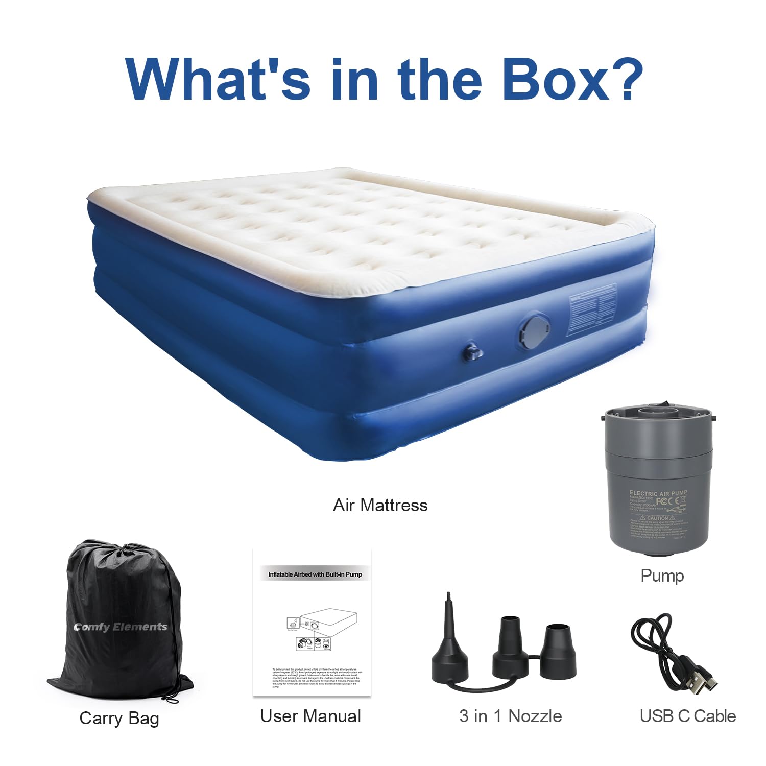DREAMPUMP Comfy Elements Queen Air Mattress with Built-in Rechargeable Detachable Air Pump, 19”Thickness Queen Size Camping AirBed Waterproof Blow Up Inflatable Air Bed for Camping, Home & Guests