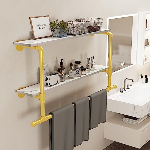 MOUTIK Wall Clothing Rack Gold - 46" Long Industrial Pipe Garment Rack with 2 Tier Shelves, Heavy Duty Iron Clothes Rod Retail Display for Bedroom, Laundry