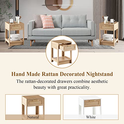 LETESA Rattan Nightstands Set of 2, with Rattan Decor Drawer and Open Shelf, Bed Side Tables with Solid Wood Feet, End Table, Night Stands, for Bedroom, Living Room (2, Natural-Square)