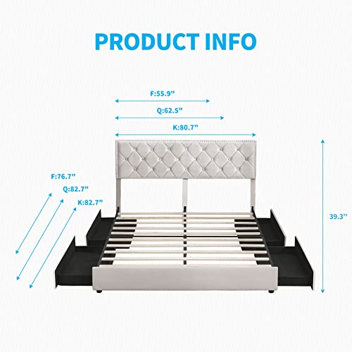Mjkone Queen Platform Bed Frames with 4 Storage Drawers, Velvet Upholstered Bed Frame Has Adjustable Button Tufted Headboard, No Box Spring Needed/Easy Assembly/No Mattress (Beige, Queen Size)