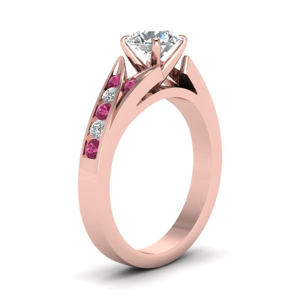 CustomizedGifts Channel Set Diamond Ring rose gold plated Created Pink Sapphire Round shape Pink color Split Shank Engagement Ring channel Setting in Size 12 Handcraft Chakra Healing