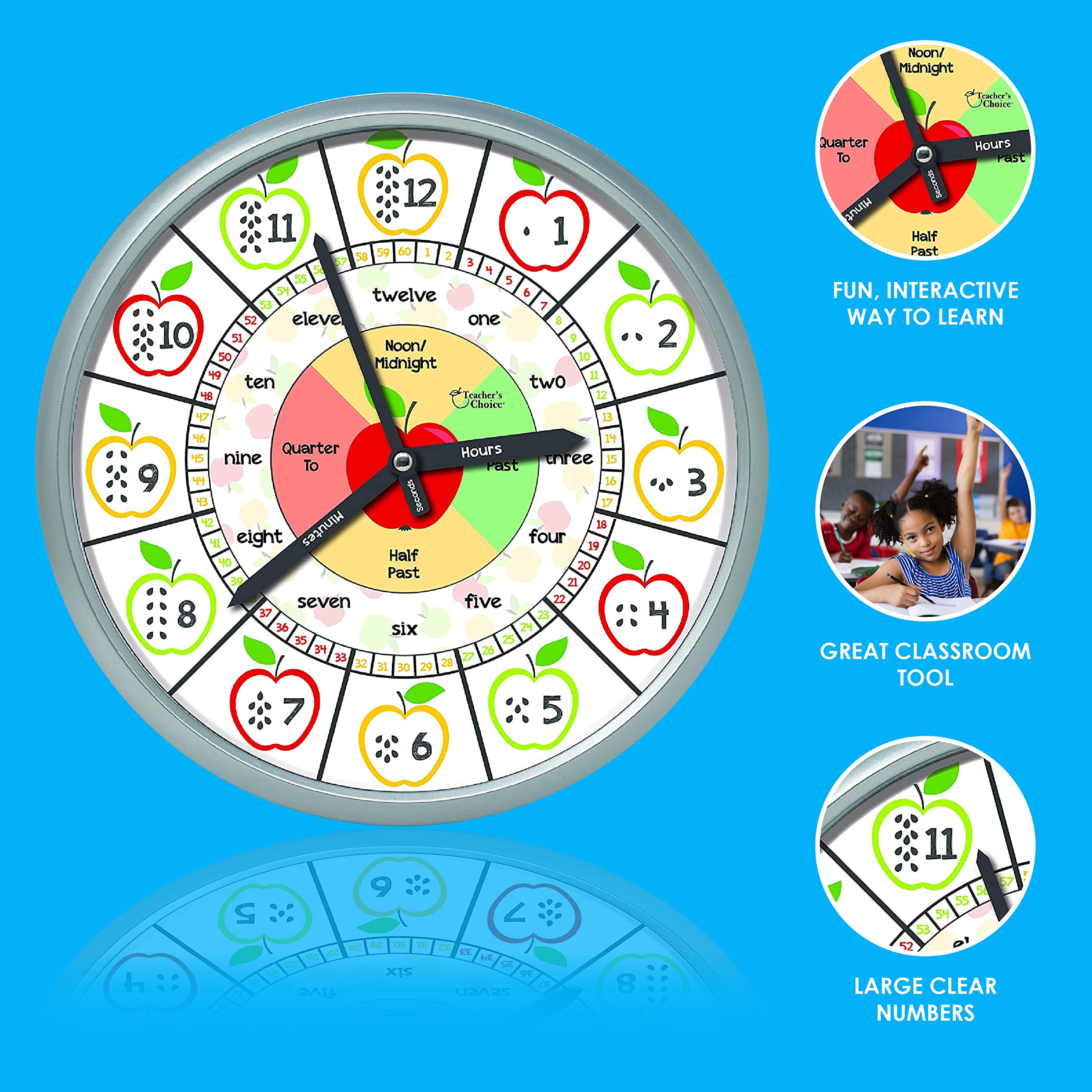 Educational Wall Clock - Silent Movement Time Teaching Clock for Teacher's Classrooms and Kid's Bedrooms (Silver/Multicolor Apple)