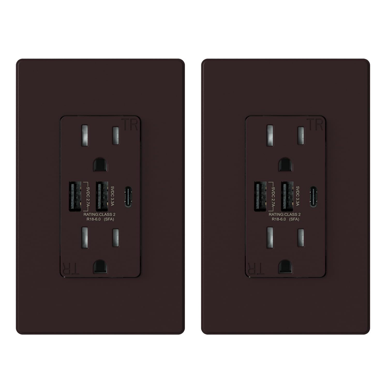 ELEGRP 30W 6.0 Amp 3-Port USB Wall Outlet, 15 Amp Receptacle with USB Type C & Type A Ports, USB Charger for iPhone/iPad/Samsung/LG/HTC/Android Devices, UL Listed, w/Wall Plate, 2 Pack, Matte Brown