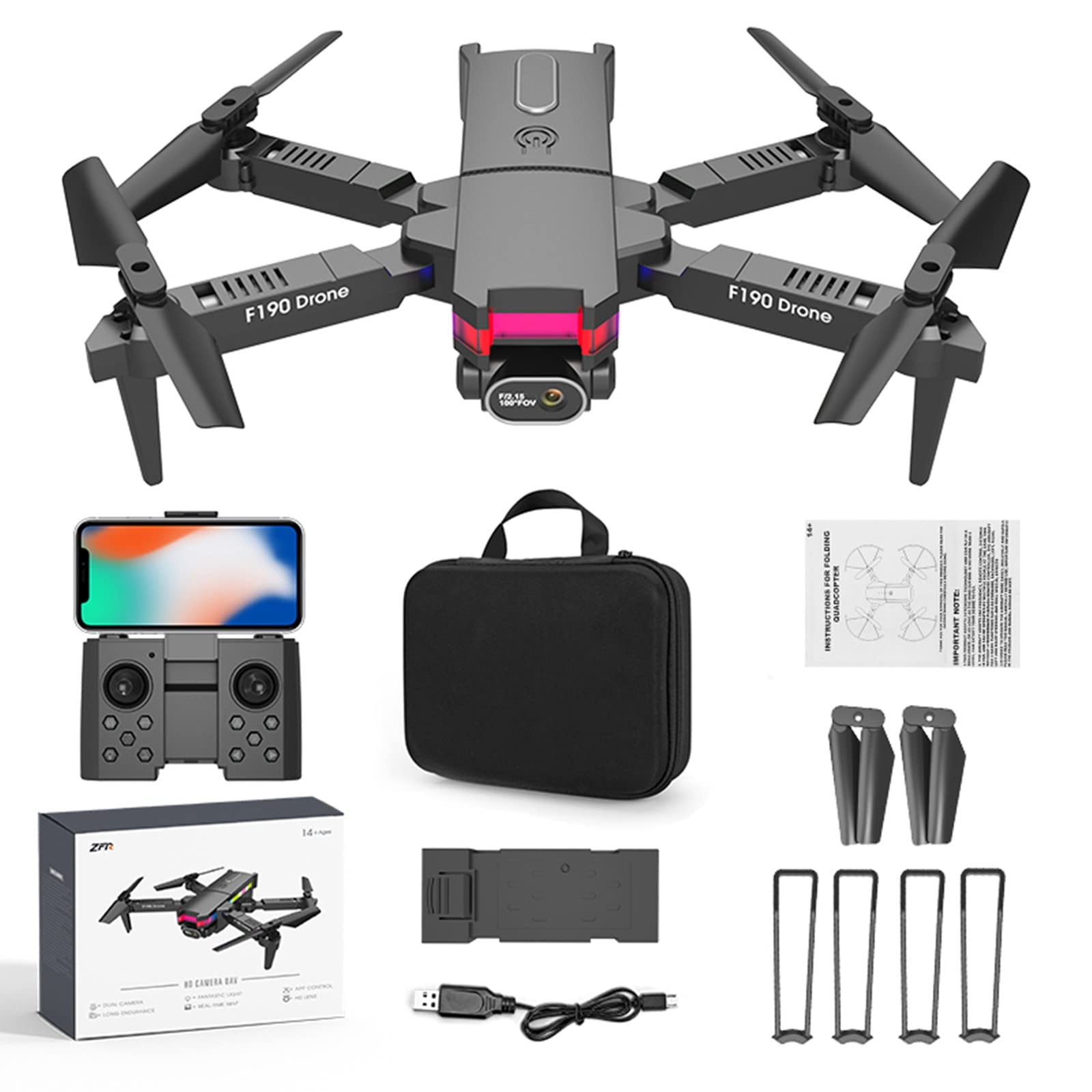 Dual 4K HD FPV Camera Foldable Remote Control Drone for Adults Beginners Kids - 2.4G WiFi Speed Adjustment Altitude Hold Headless Mode One Key Start Speed Mini RC Quadcopter Toys (Black)