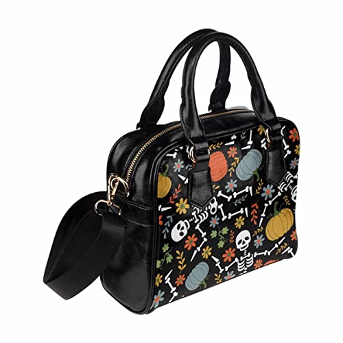 InterestPrint Halloween Skeletons Dance in Pumpkin PU Leather Lady Purses and Handbags