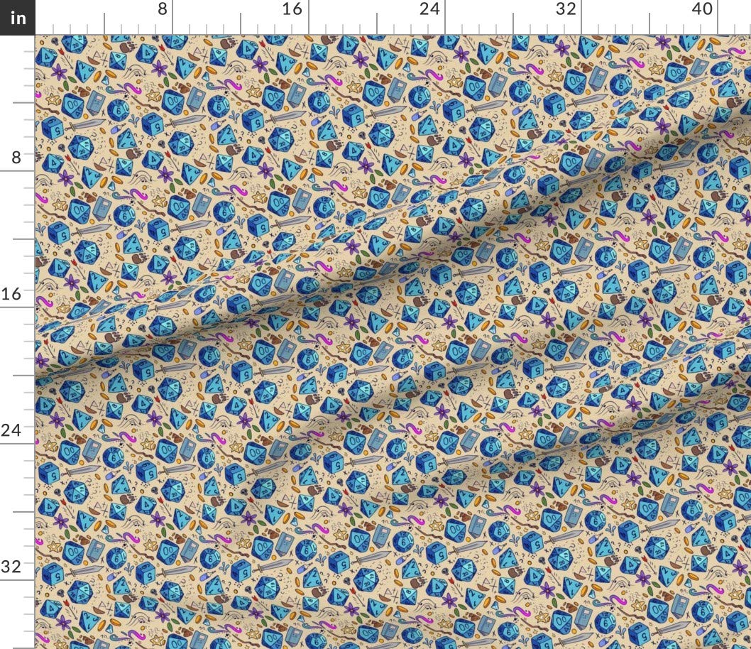 Spoonflower Fabric - Blue Fantasy Illustration Sword Dice Dragons Printed on Petal Signature Cotton Fabric Fat Quarter - Sewing Quilting Apparel Crafts Decor