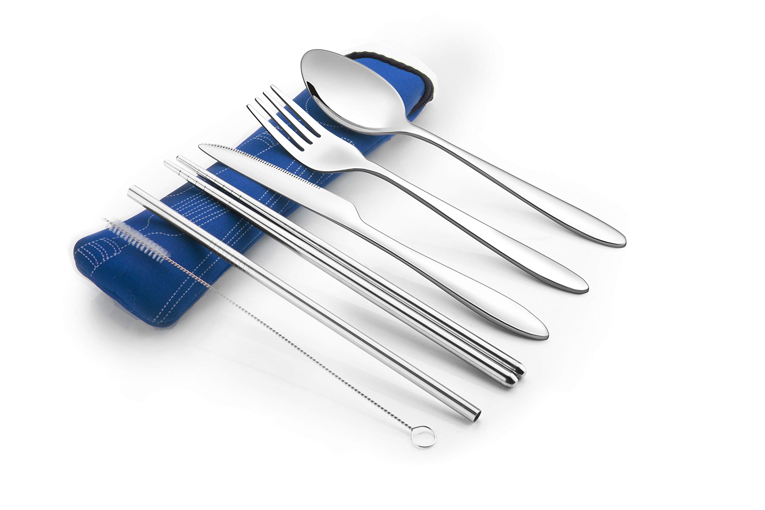 Roaming Cooking Reusable Travel Utensils with Case | Fork and Spoon Set with Knife, Chopsticks and Optional Reusable Straw– Office, Travel, or Camping Accessories| Lightweight Sturdy Reusable Utensils