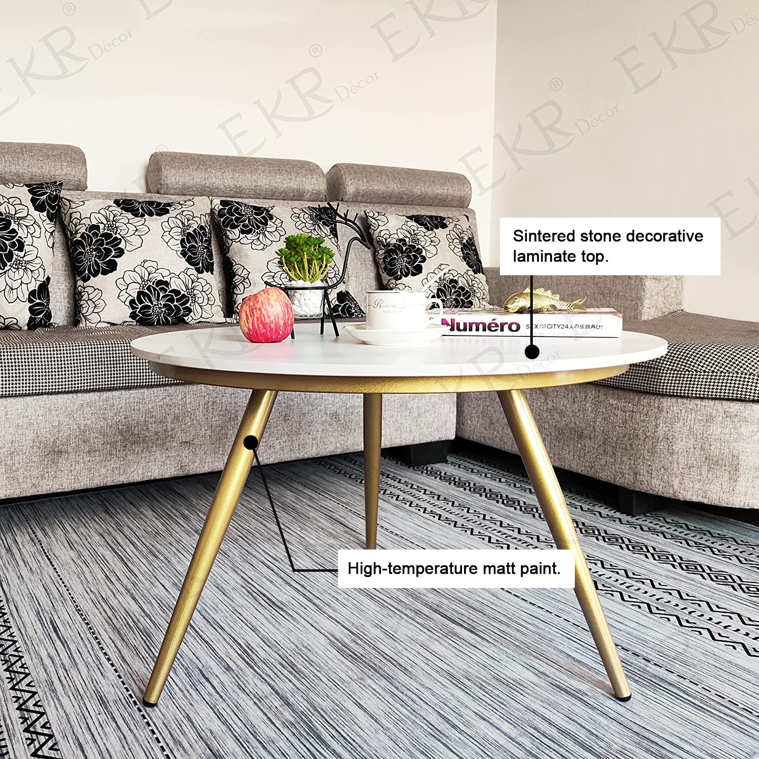 EKR Real Marble Coffee Table Gold Modern Accent Table Round Nesting Table Contemporary Desk Living Room Home Decor (Ø 27.56 inches/Height 17.1 inches Big Size)