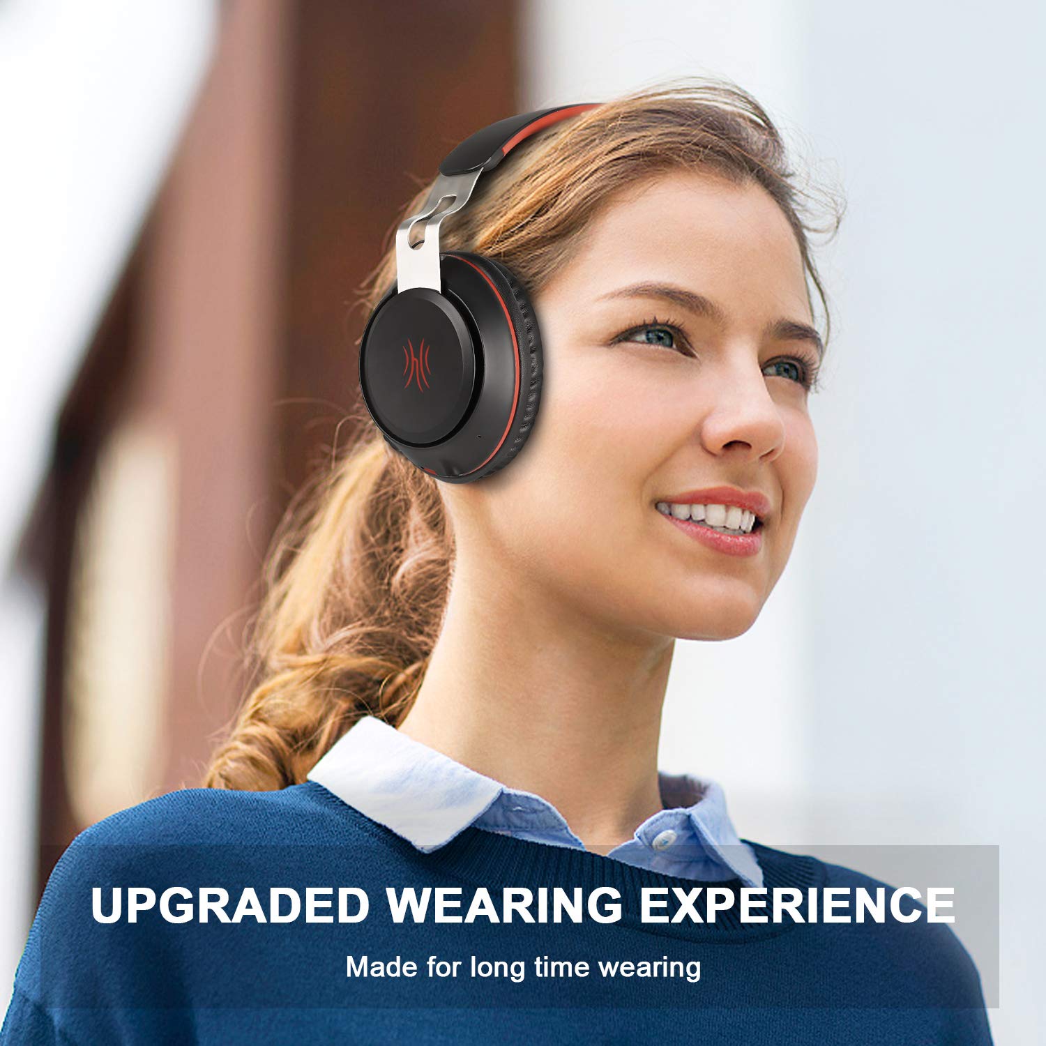 EKSA Bluetooth Headphones,30 Hours Play Time Wireless Over Ear Headset with Built-in Microphone,40mm Driver,Thumping Bass, Supports Hands-Free Calling and Wired Mode for PC/Cell Phones/TV-Black Red