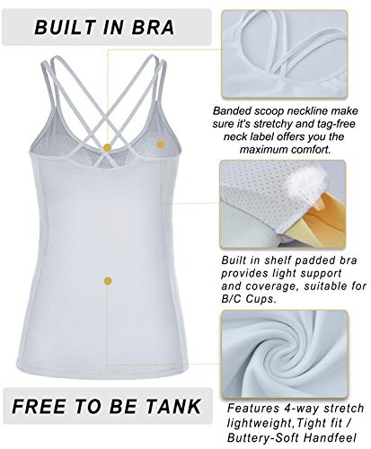 RUNNING GIRL Yoga Tank Tops for Women Built in Shelf Bra B/C Cups Strappy Back Activewear Workout Compression Tops(BX2288 White.M)