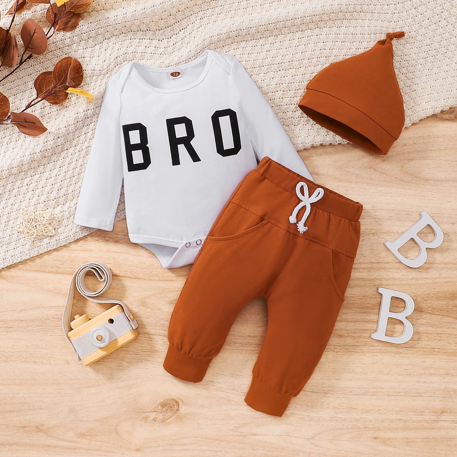 LitBear Newborn Baby Boys Outfits, Long Sleeve Bro Bodysuit Pant Hat Toddler Boy 3 6 12 18 Months Fall Winter Clothes