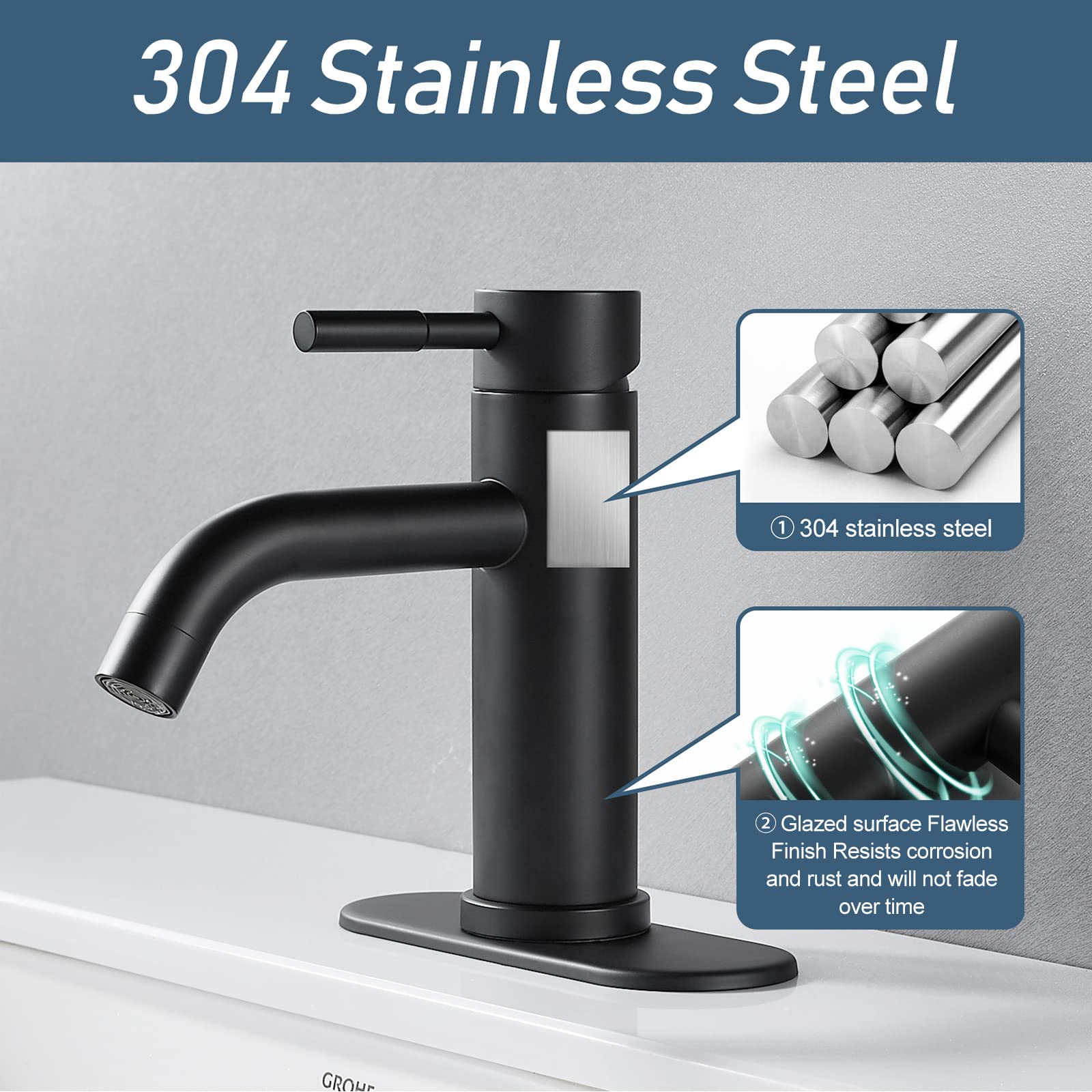GENBONS Black Bathroom Faucet Single Hole RV Bathroom Faucet Stainless Steel Bathroom Sink Faucet 1 Hole with 3 Hole Deck Plate,Water Supply Lines with cUPC Certification