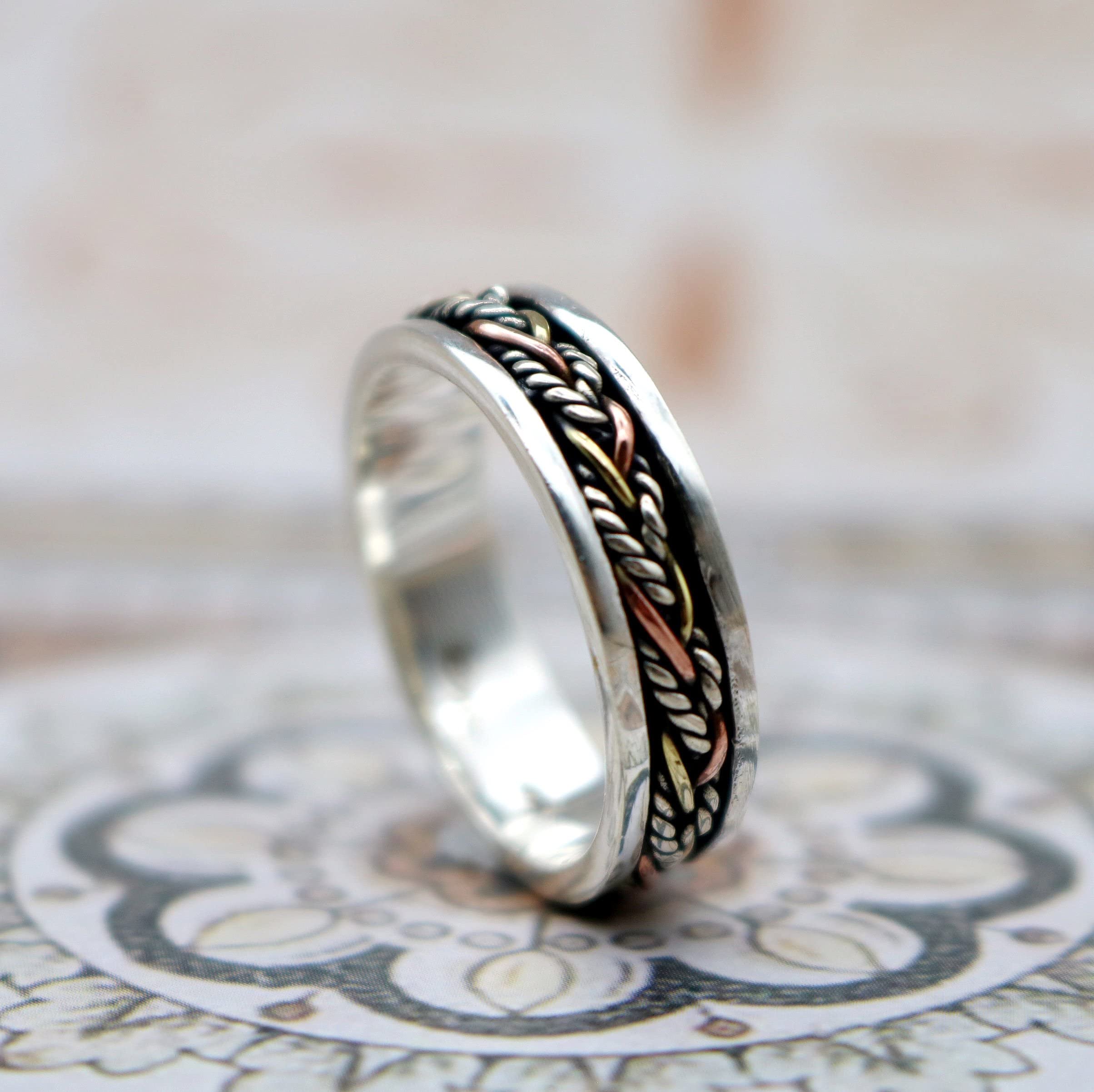 ENERGY STONE Twine 5.5 mm Narrow Band Tri-Color Sterling Silver Meditation Spinner Ring (Style US40) (7)