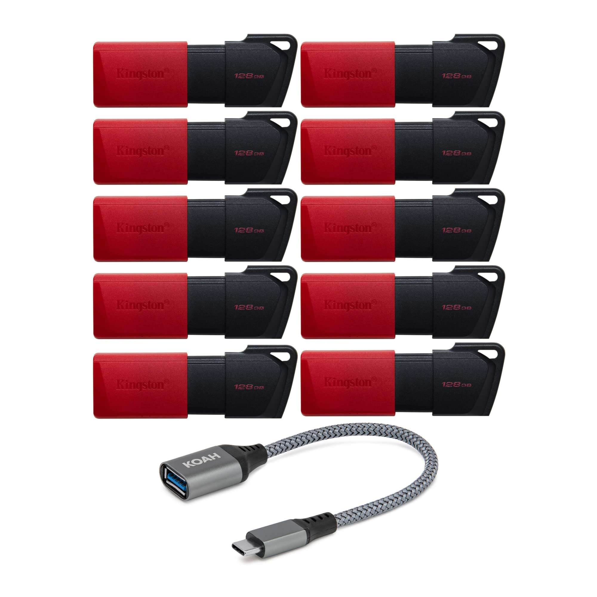 Kingston DataTraveler Exodia 128GB USB Flash Drive (10-Pack) Bundle with USB-C Adapter (11 Items)