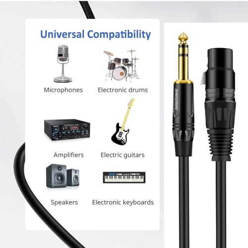 DREMAKE Balanced Cable 20 Foot TRS 6.35mm (1/4 Inch) Male to XLR Female Mic Cable for Amplifier, Speakers - Black