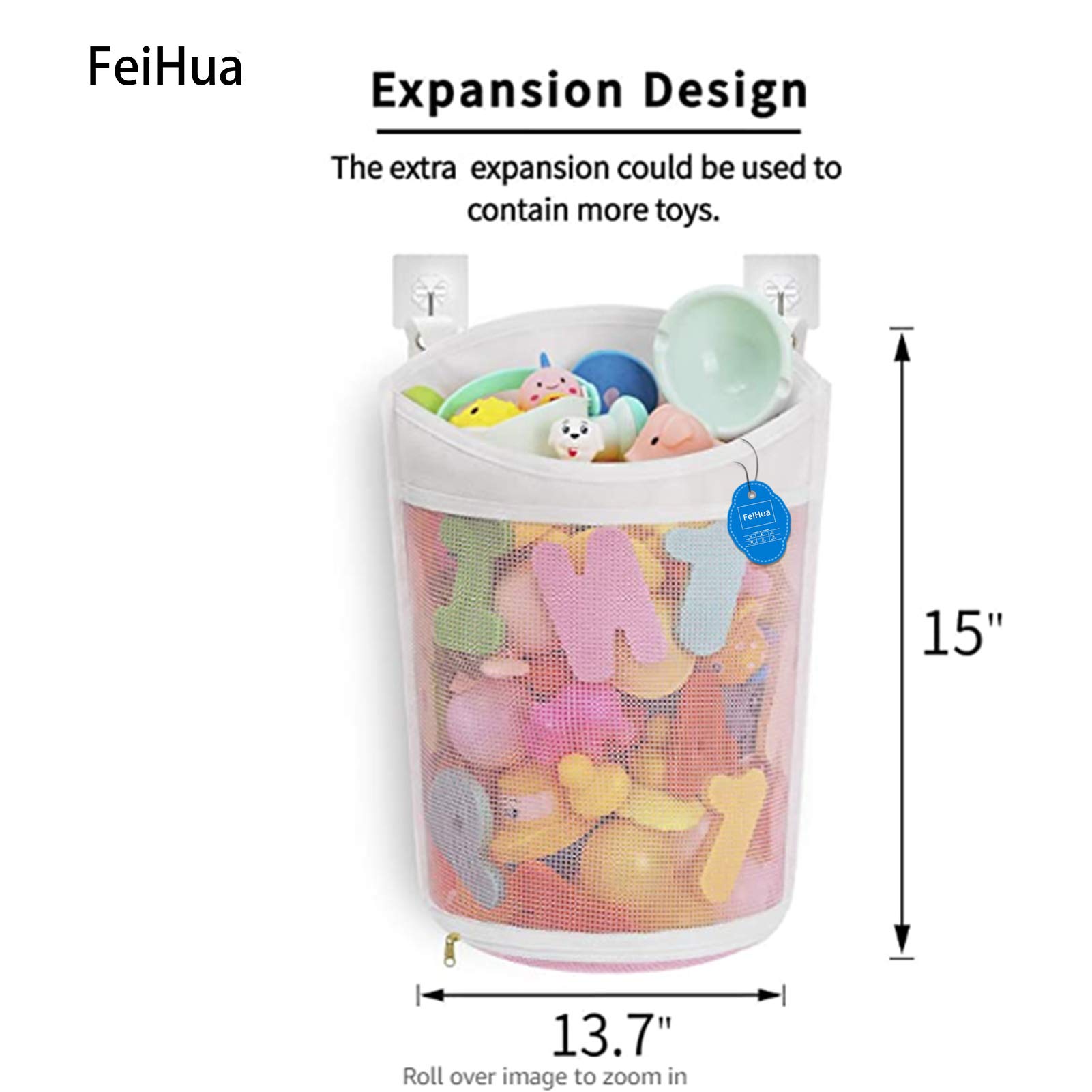 FHDS Clever Zippered Mesh Bath Toy Organizer, Multiple Ways to Hang, Ultra Large Capacity & Large Opening, Multi Use Bathtub Toy Storage Bag ( Large, Pink )