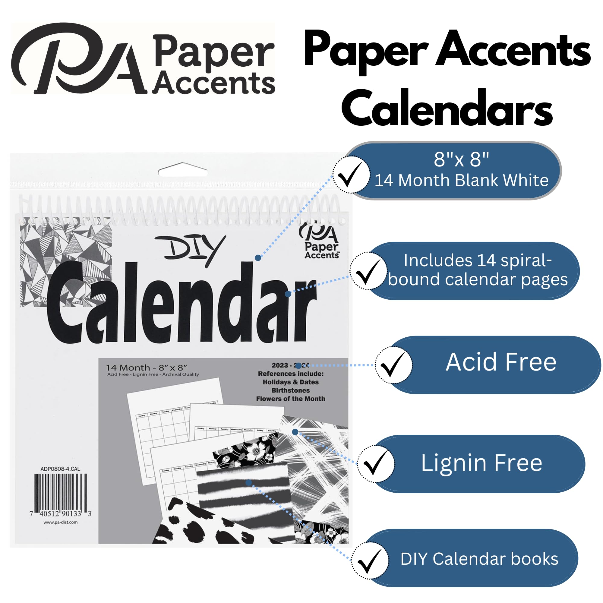 DIY calendar 2023, Customize Your Own 2023-2024 Calenda| 8"x 8" 14 Month Calendar Blank White | Paper Accents