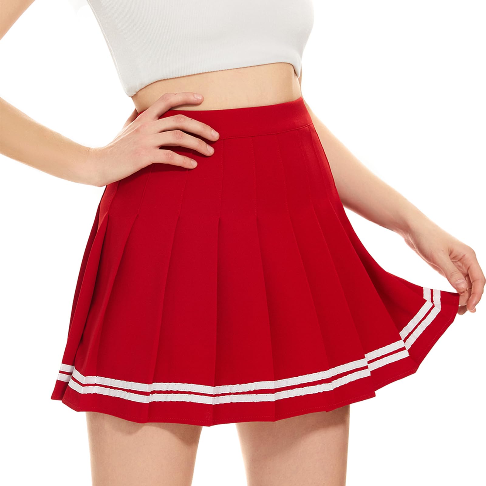 DRESS NICES Women Pleated Skirt A-Line Short Mini Basic Skirt School Uniform Cheerleader Skirts Skater Skirt Red White Strip M