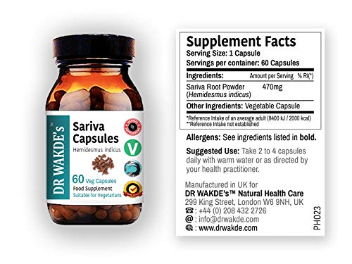 DR WAKDE'S Sariva Capsules (Anantomoola | Hemidesmus indicus) | 60 Veg Caps | Ayurvedic Supplement | Vegan | 100% Herbal | Quantity Discounts | Same Day Dispatch