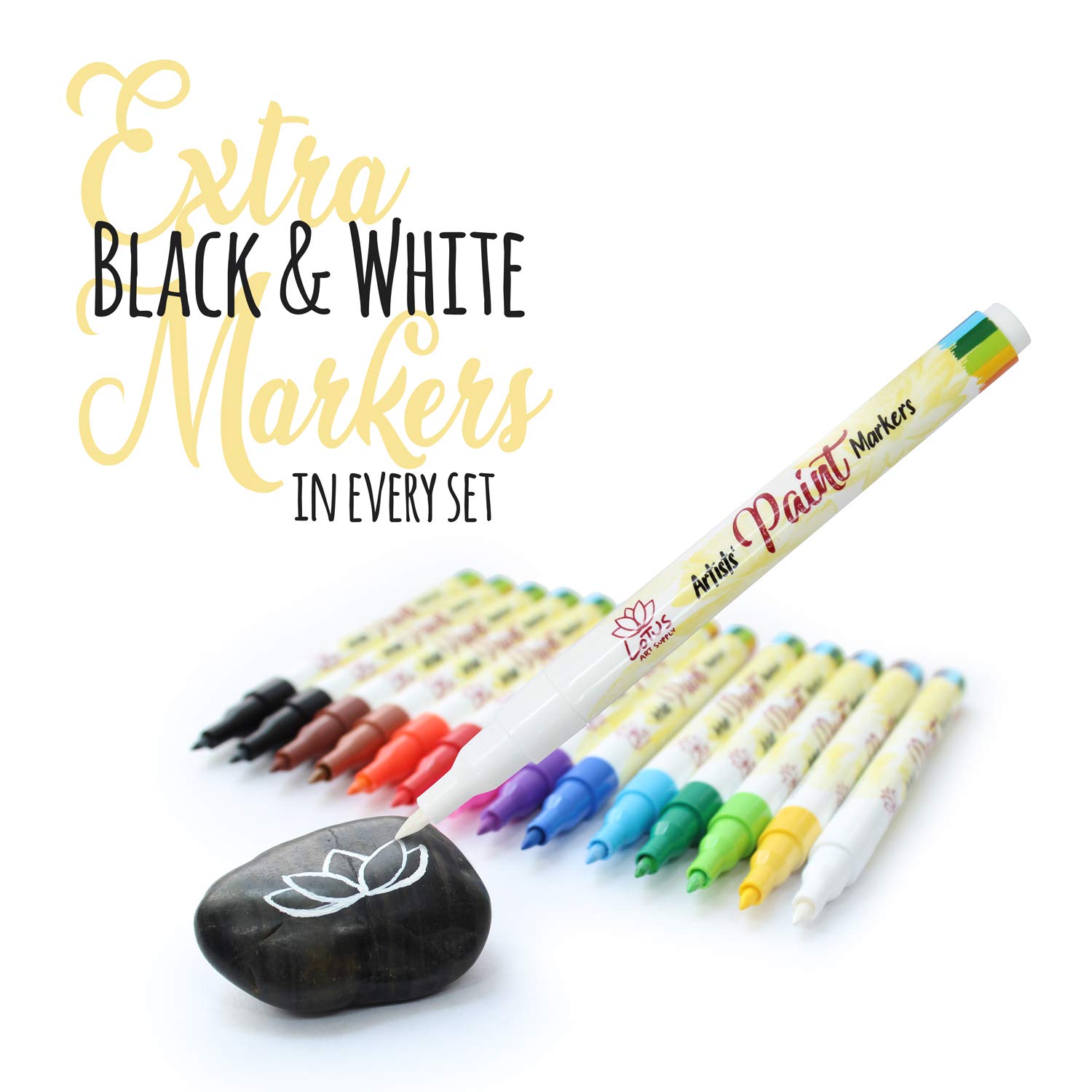 Fine Point Acrylic Paint Pens by Lotus Art Supply - Professional Set with Extra Black, White Markers - for any Surface (Rocks, Leather, Mug, Crafts, Coloring Fabric, Ceramic Mugs, Journal, Canvases)