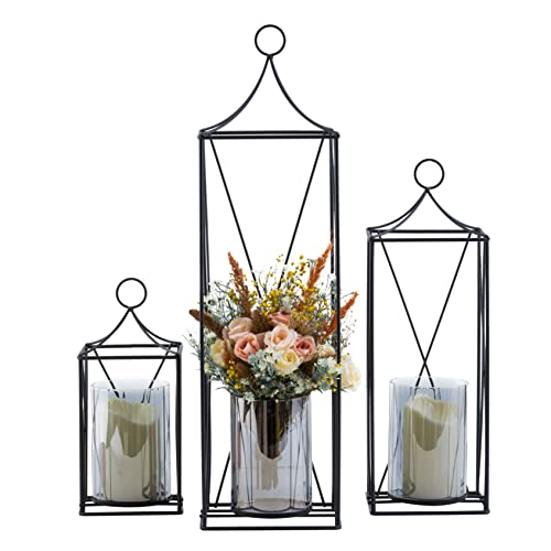 Set of 3 Tall Metal Lanterns 24ââ & 19ââ & 13ââ Elegant Decorative Lantern with Pillar Candle Holder, Garden Porch Night Indoor/Outdoor for Wedding DĂŠcor, Party, Christmas (Black)