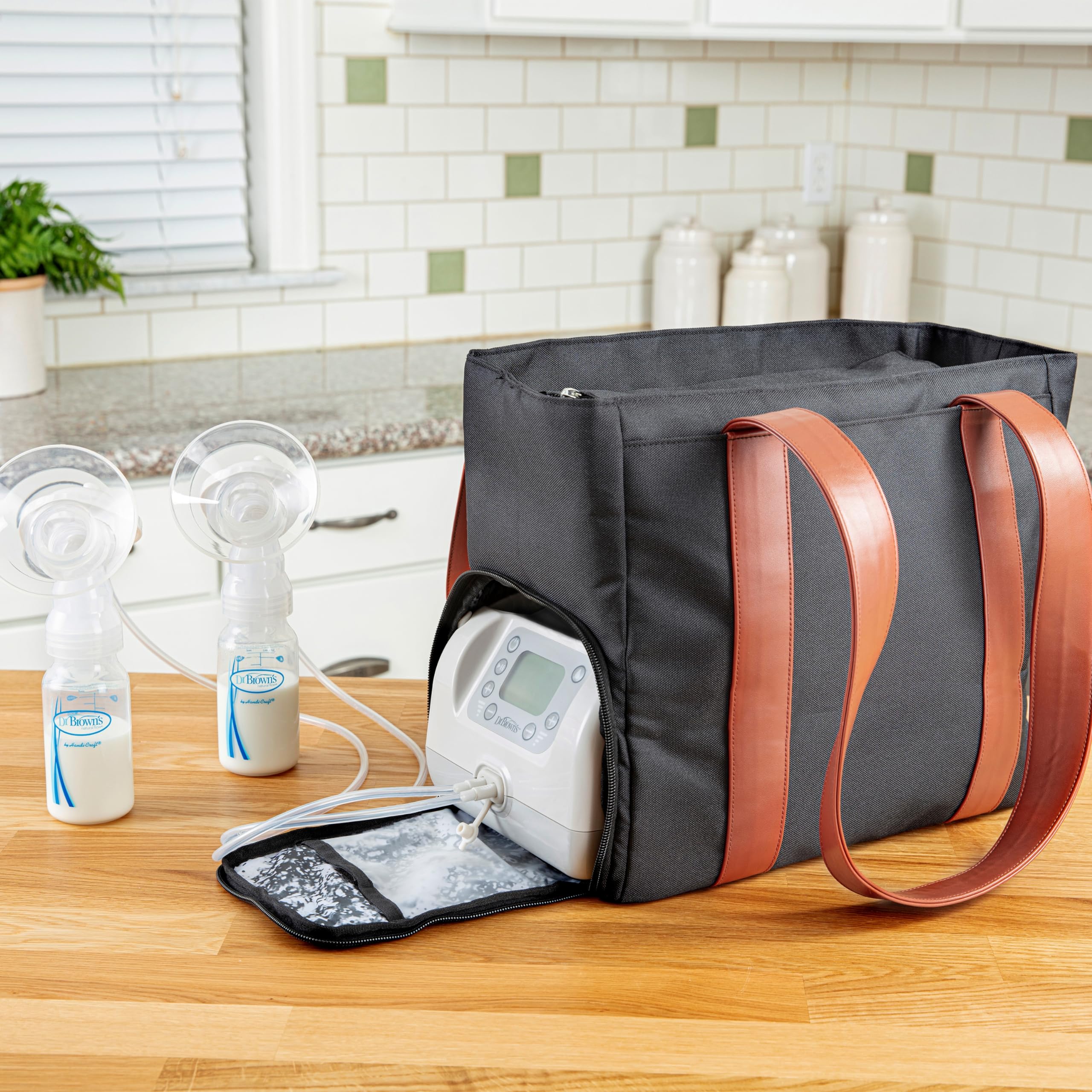 Dr. Brown's Breast Pump Carryall Storage Diaper and Tote Bag - Heather Gray and Black