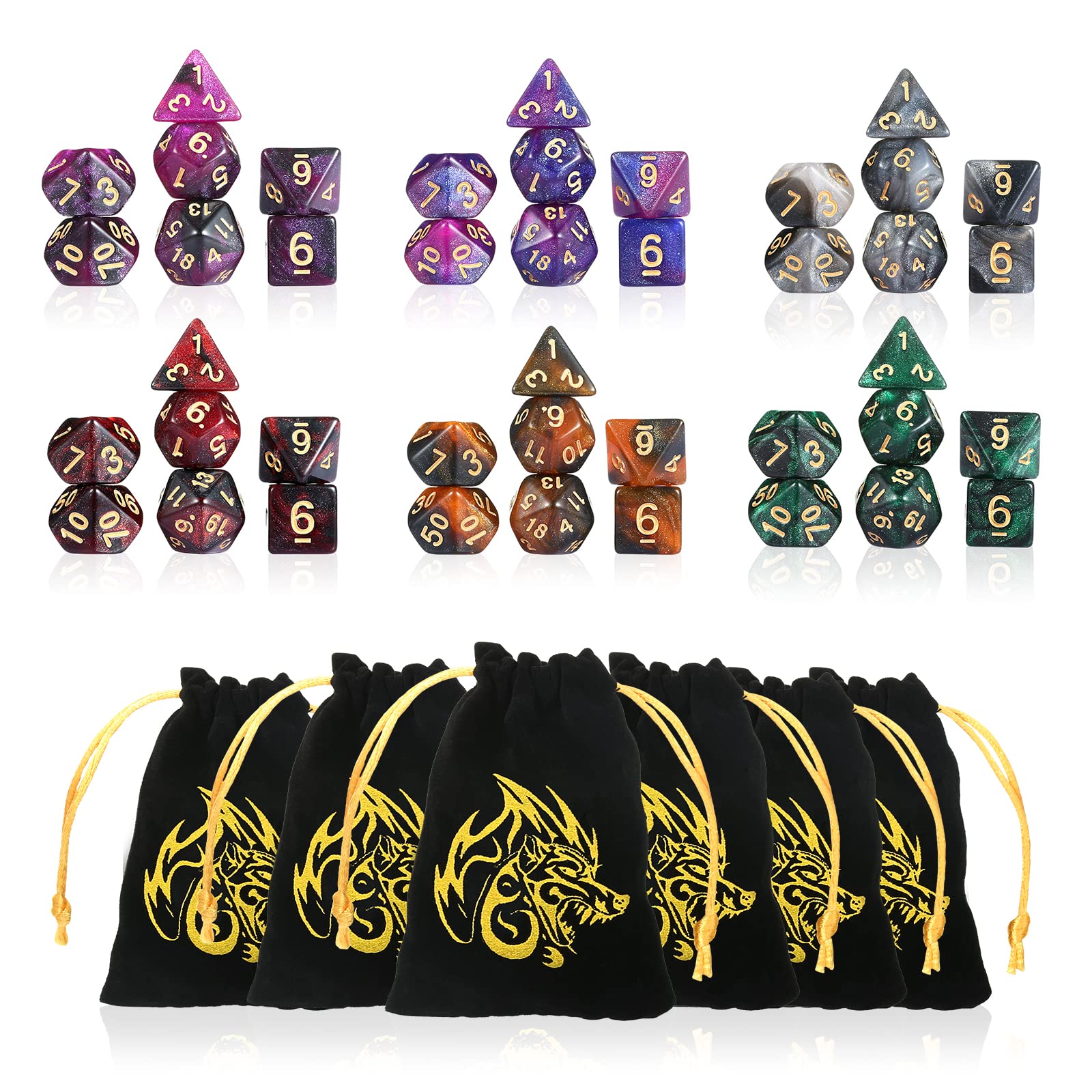 Encham 42 Pieces DND Dice Set, Polyhedral Dice with Animals Drawstring Bags, Translucent Color with Glitter Dice Set for Dungeons and Dragons, Table Games, Role Playing Games, MTG(6 Sets, 7pcs/Set)