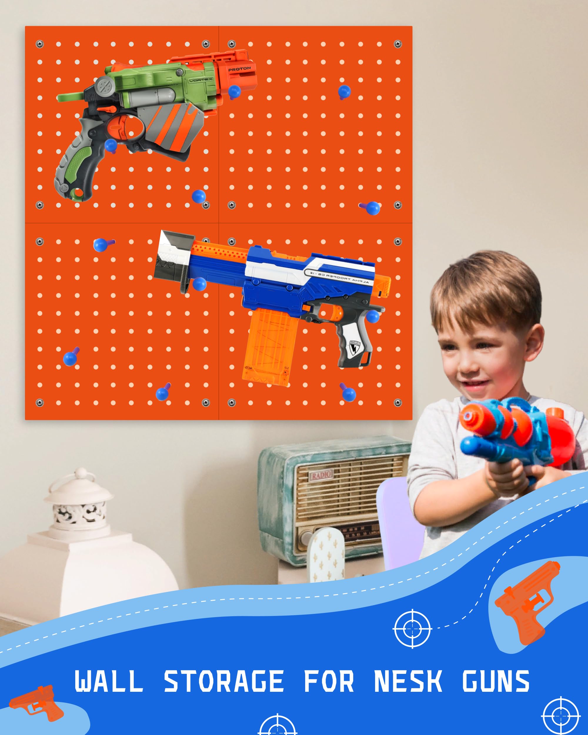 Skywin Peg Board for Nerf Gun Storage Organizer - Hanging Holder Compatible with All Blasters Nerf Gun Rack Organizer for Wall Organization (Orange)