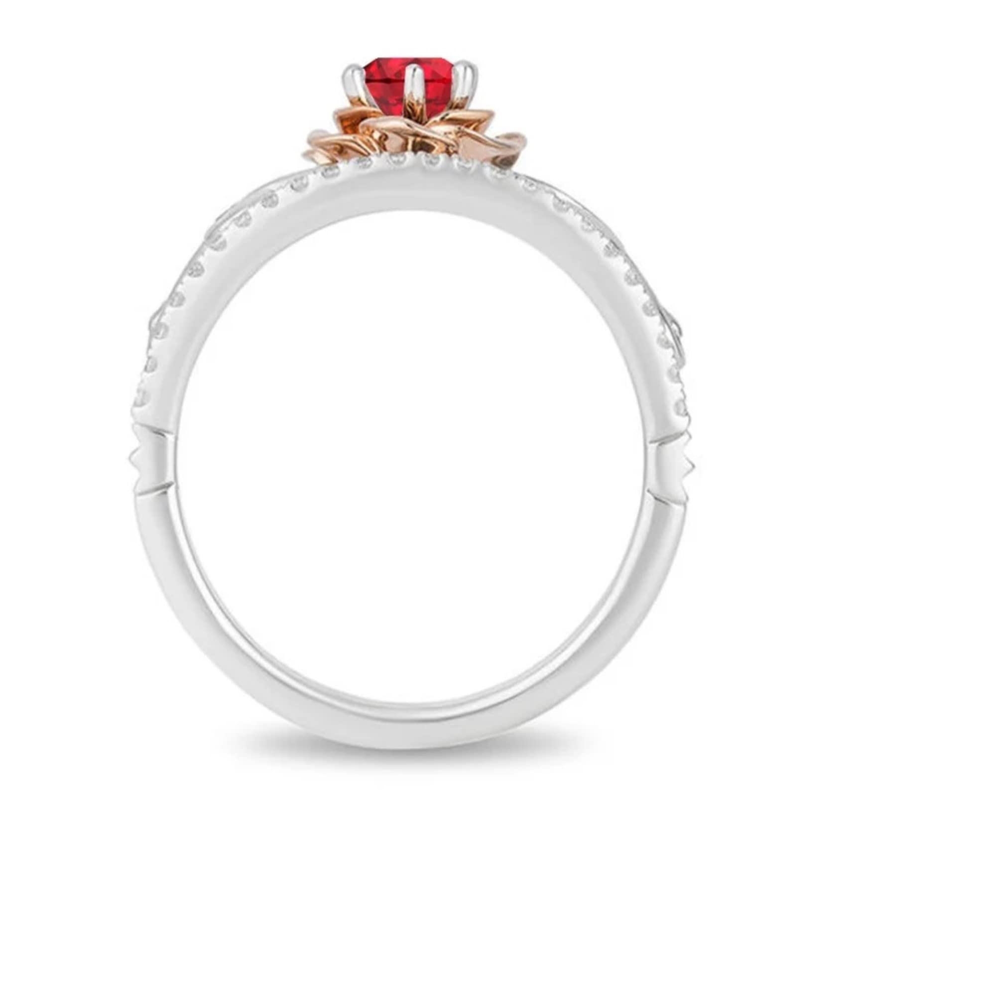 Enchanted Disney Belle 1 CT Round Cut Garnet Red Simulated Diamond Rose Design Two Tone Engagement Ring White Gold Finish 925 Sterling Silver (Two Tone Gold Finish, 7.5)