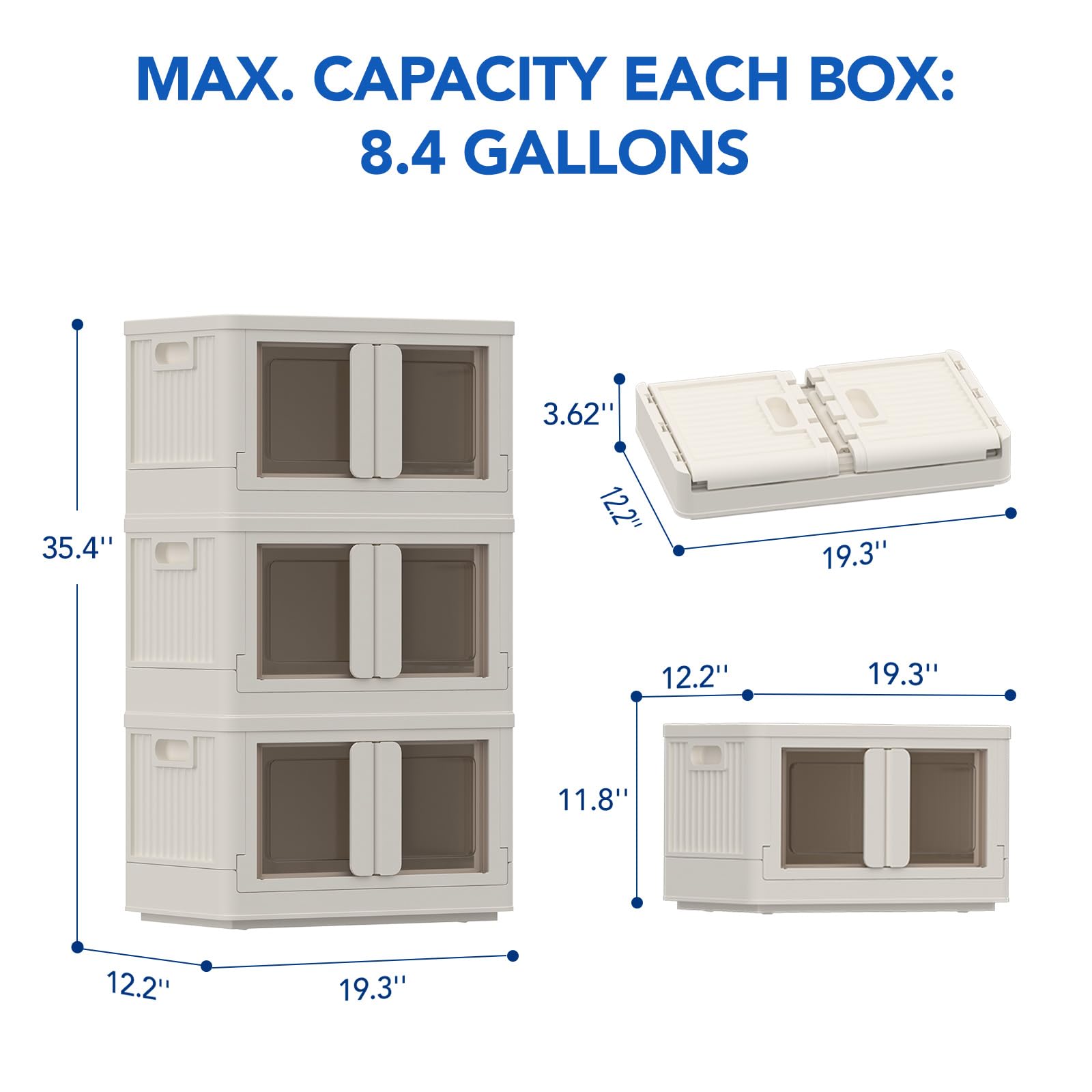 FLEXIMOUNTS Stackable Storage Bins With Lids, 110 QT-3 pack Closet Organizers and Storage with Doors, Plastic Collapsible Storage Bins, White Storage Containers For Home Essentials