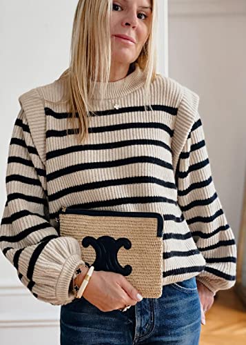 PRETTYGARDEN Women's Sweaters Casual Long Lantern Sleeve Crewneck Ribbed Knit Pullover Striped Jumper Tops Blouse (Beige Apricot,X-Large)