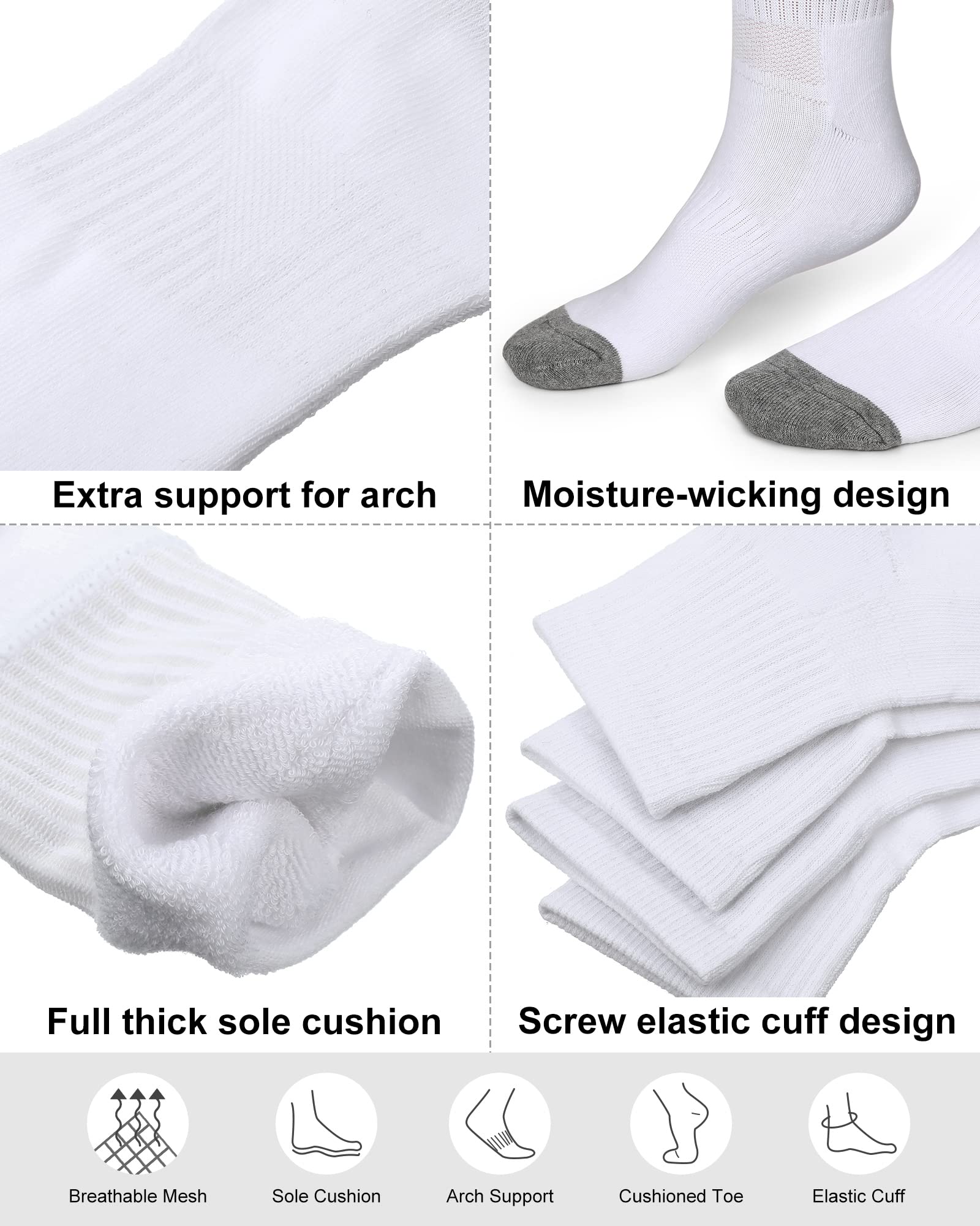 Hicarer 36 Pairs Men's Athletic Ankle Socks Bulk Crew Calf Socks Breathable Cushion Comfortable Casual Running Sock Size 9-12 (White Gray)