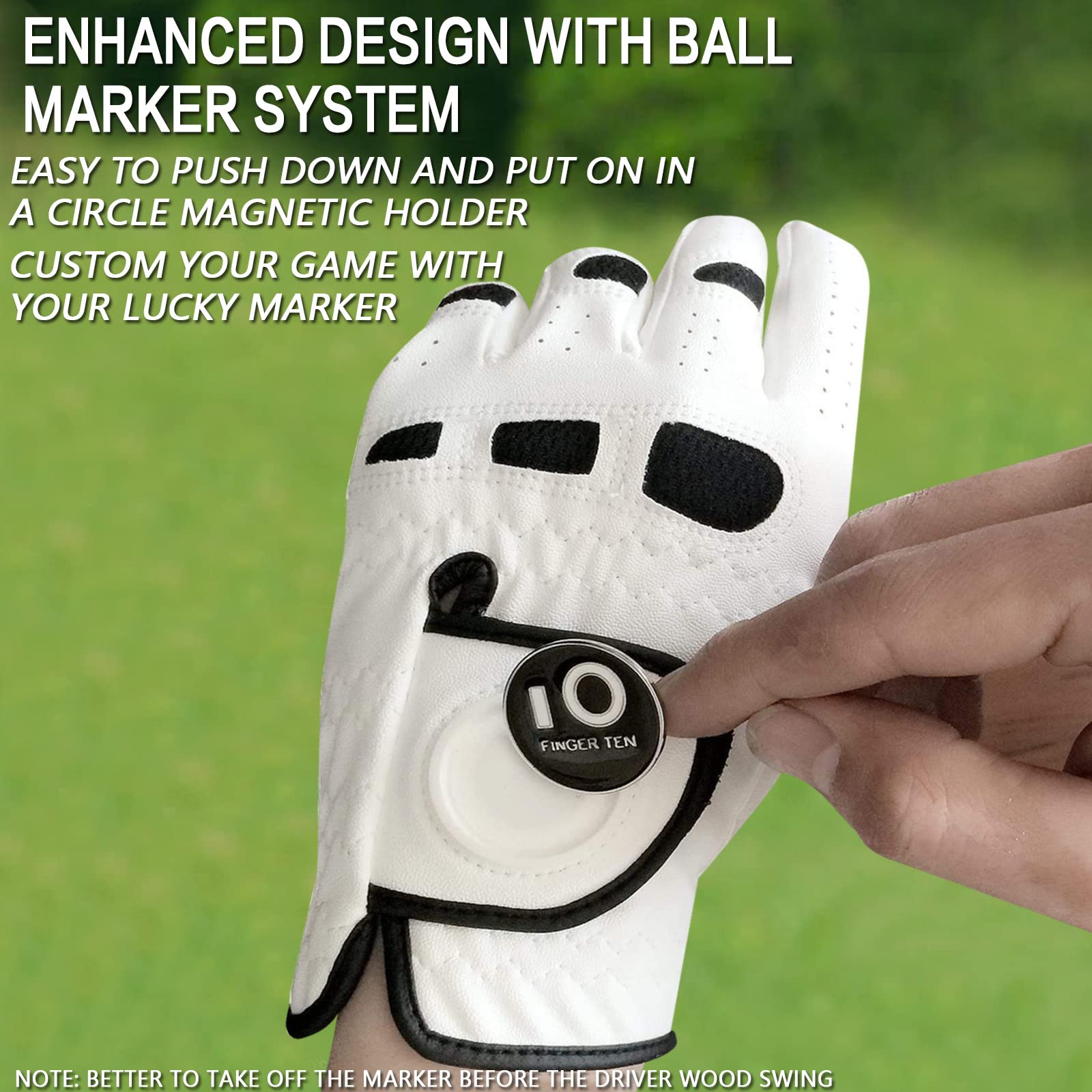 FINGER TEN Men’s Golf Glove Left Hand Right with Ball Marker Value 2 Pack, Weathersof Grip Soft Comfortable, Fit Size Small Medium ML Large XL (X-Large, Worn on Right Hand)