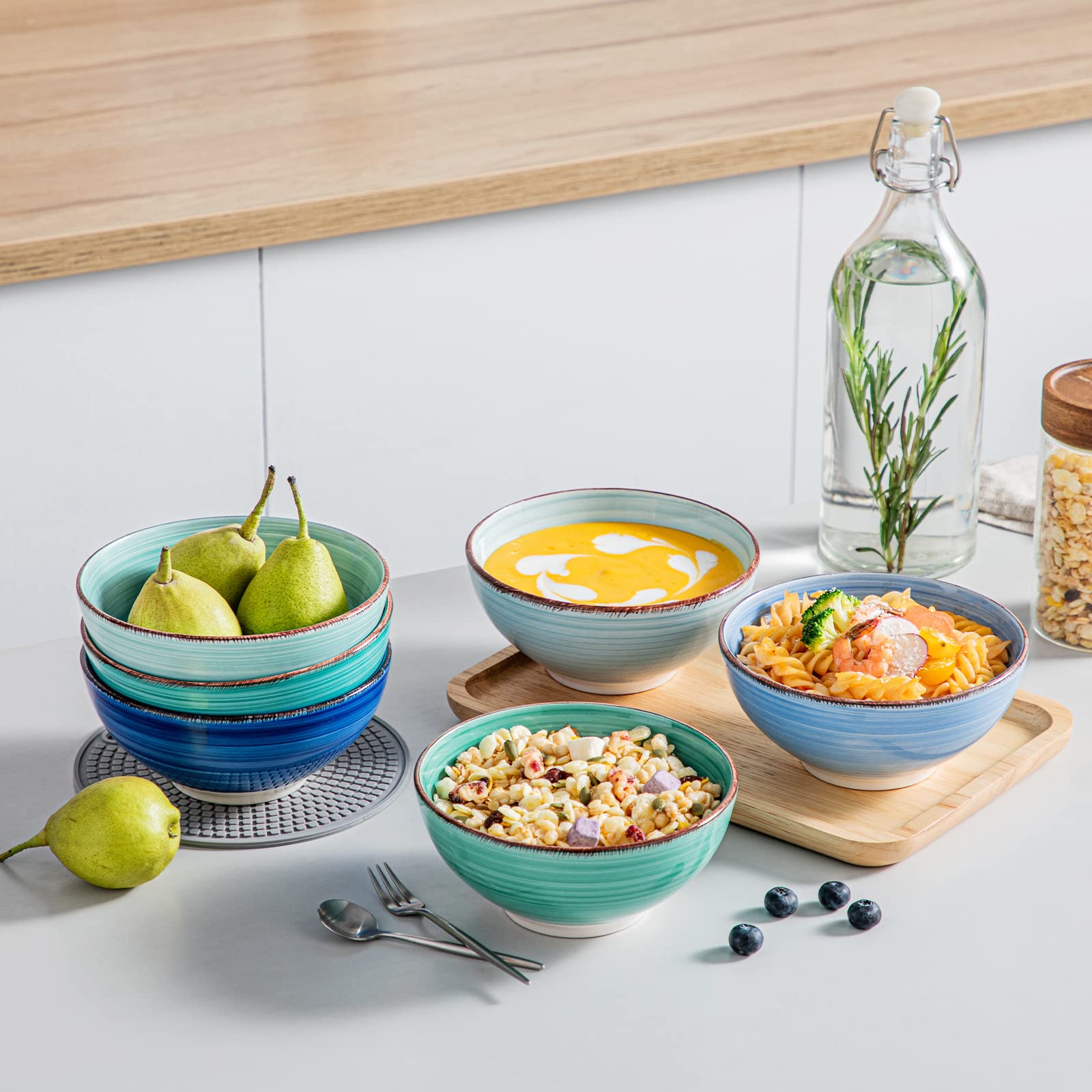 vancasso Bonita 27 Oz Cereal Bowls Set of 6, Blue Ceramic Bowls for Kitchen, 6 Inch Soup Bowls, Dishwasher & Microwave Safe