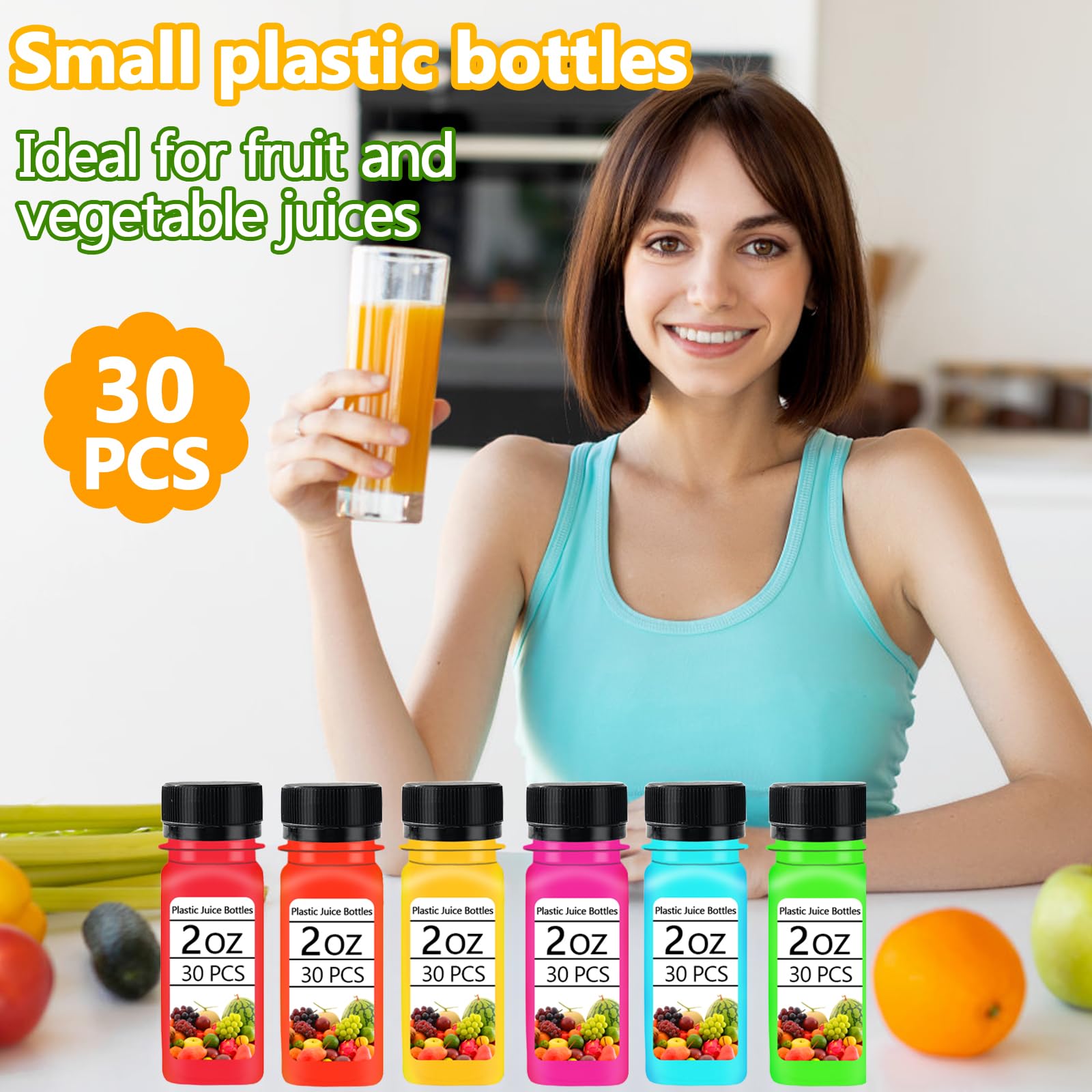 Haawooky 30PCS 2oz Small Plastic Shot Bottles with Caps,Reusable Clear Juice Containers,Empty Plastic Containers with 10 Funnels for Ginger Shots,Liquids,Beverages