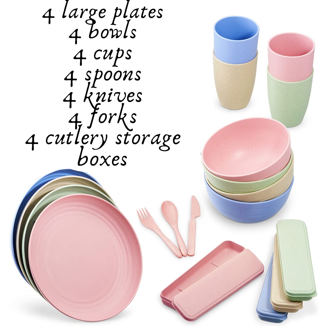 Generic Camping Plates and Bowls Set β 21Pcs Wheat Straw Dinner Set with Dinner Plates, Bowls, Cups and Cutlery β Premium BBQ Set with Cute Colours and Matte Finish β Includes Insulated Bag
